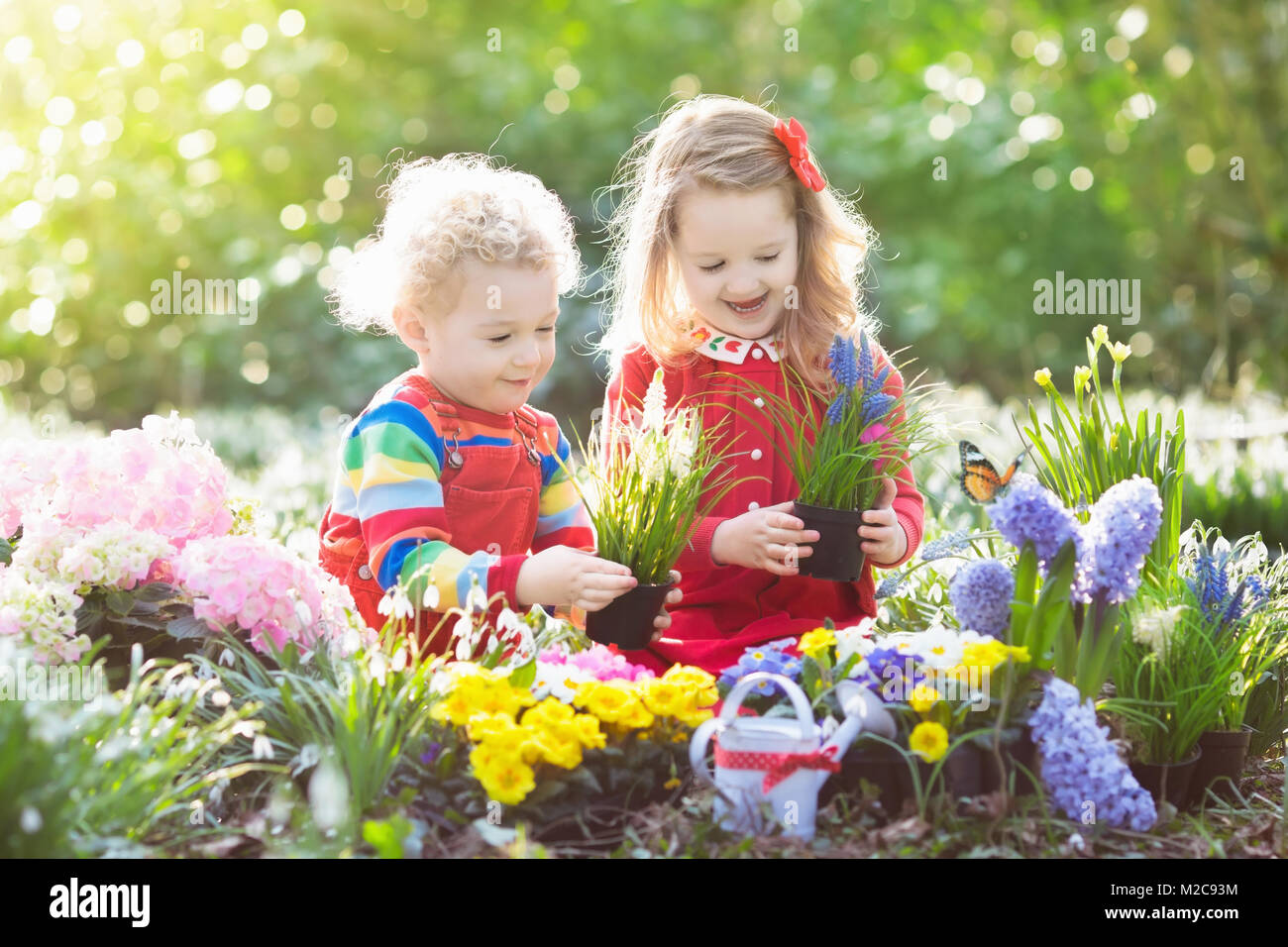 Children planting spring flowers in sunny garden. Little boy and girl ...