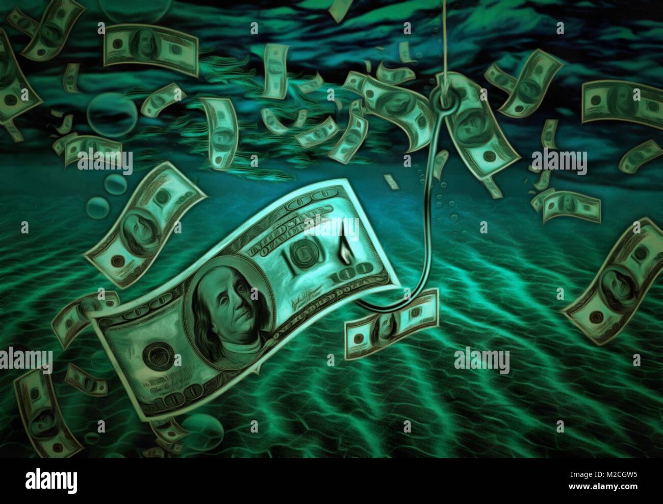 Surreal painting. Hundred dollars banknote on a hook as a bait Stock ...