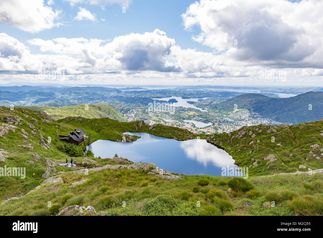Mount Ulriken in Norway. Aerial view on the mountain lake and town by ...