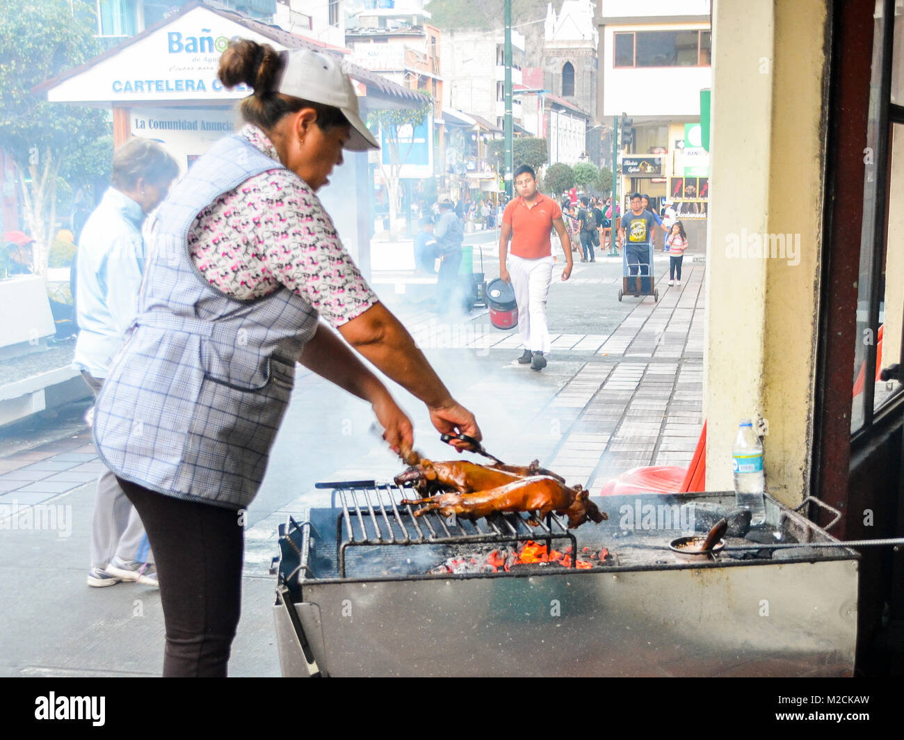 Ecuadorian woman preparing an Ecuadorian delicacy called lechon , bbq a ...
