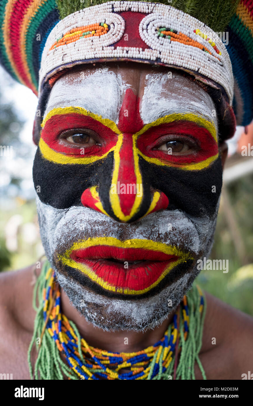 A tribesman painted and dressed for the Mount Hagen Cultural Show in ...