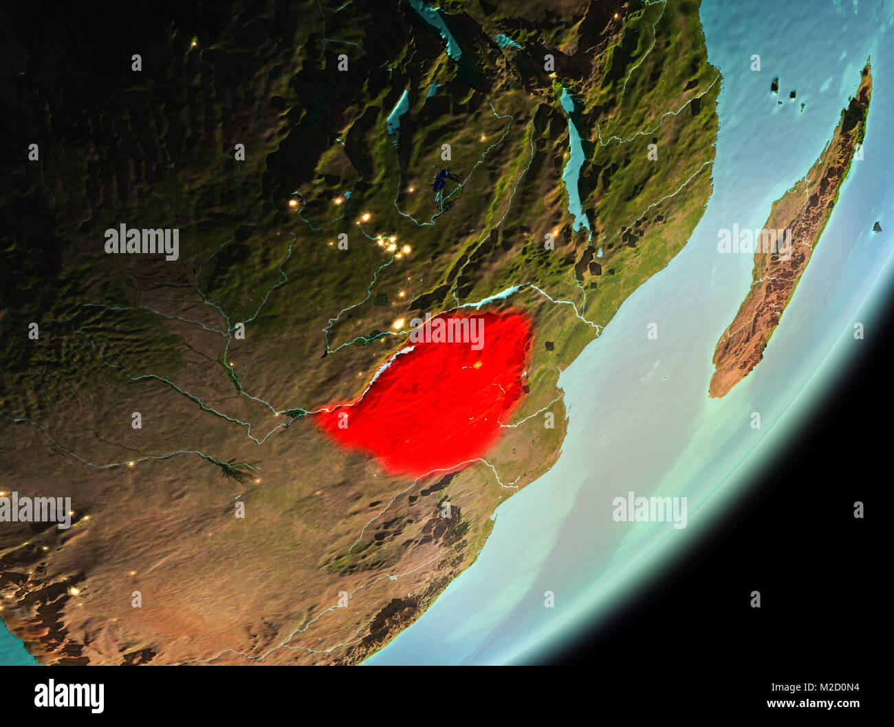 Zimbabwe in the morning highlighted in red on planet Earth. 3D ...