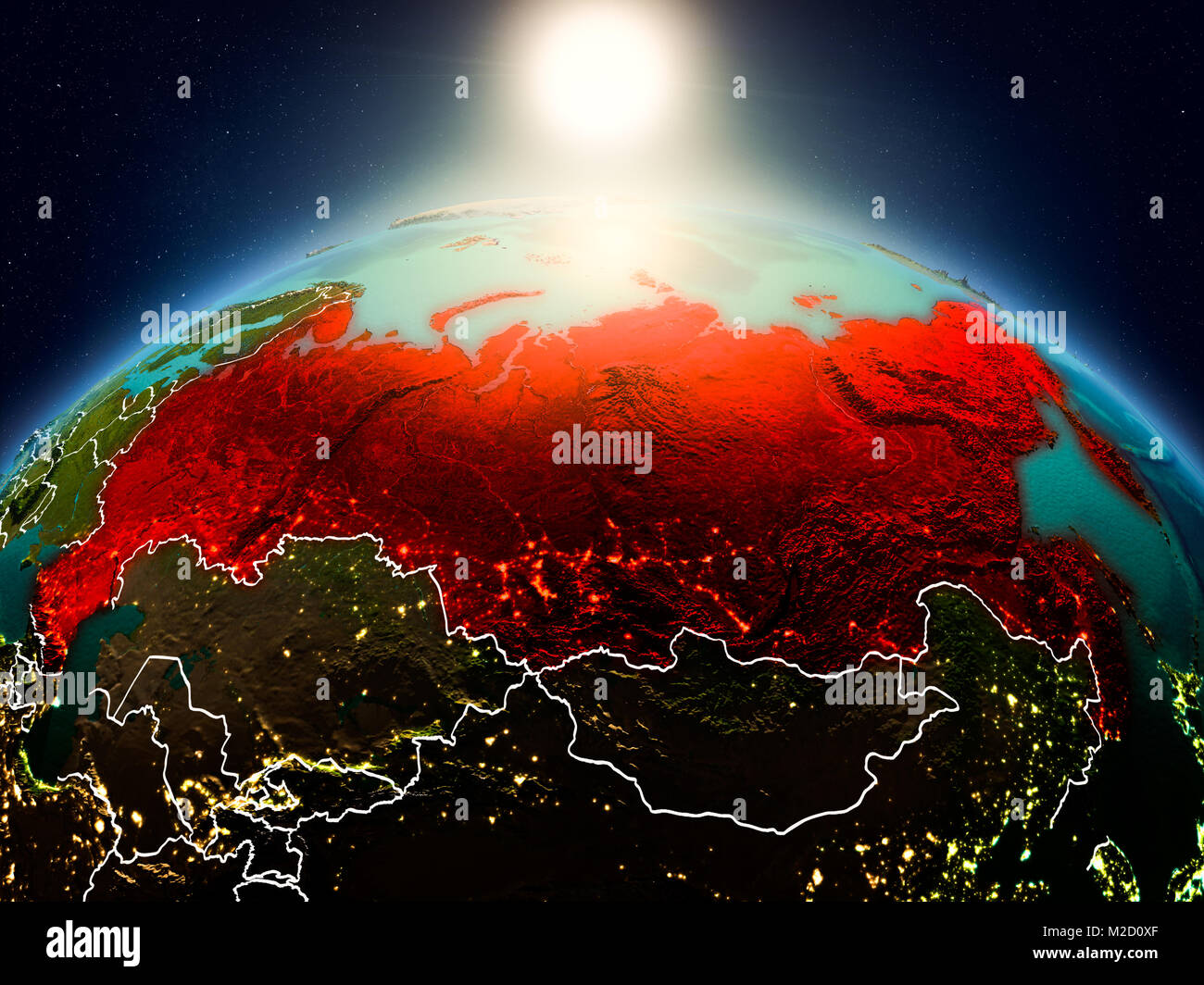 Sunrise above Russia highlighted in red on model of planet Earth in ...