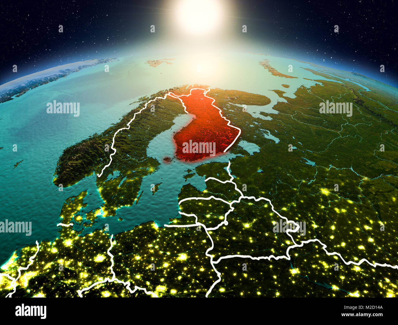 Sunrise above Finland highlighted in red on model of planet Earth in ...