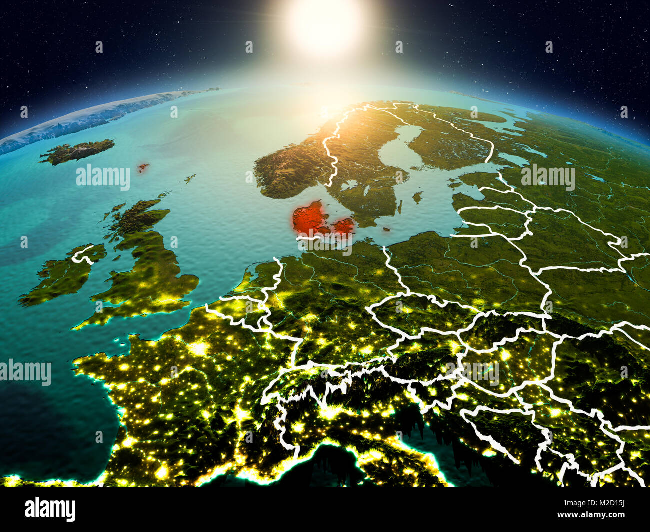 Sunrise above Denmark highlighted in red on model of planet Earth in space with visible country ...