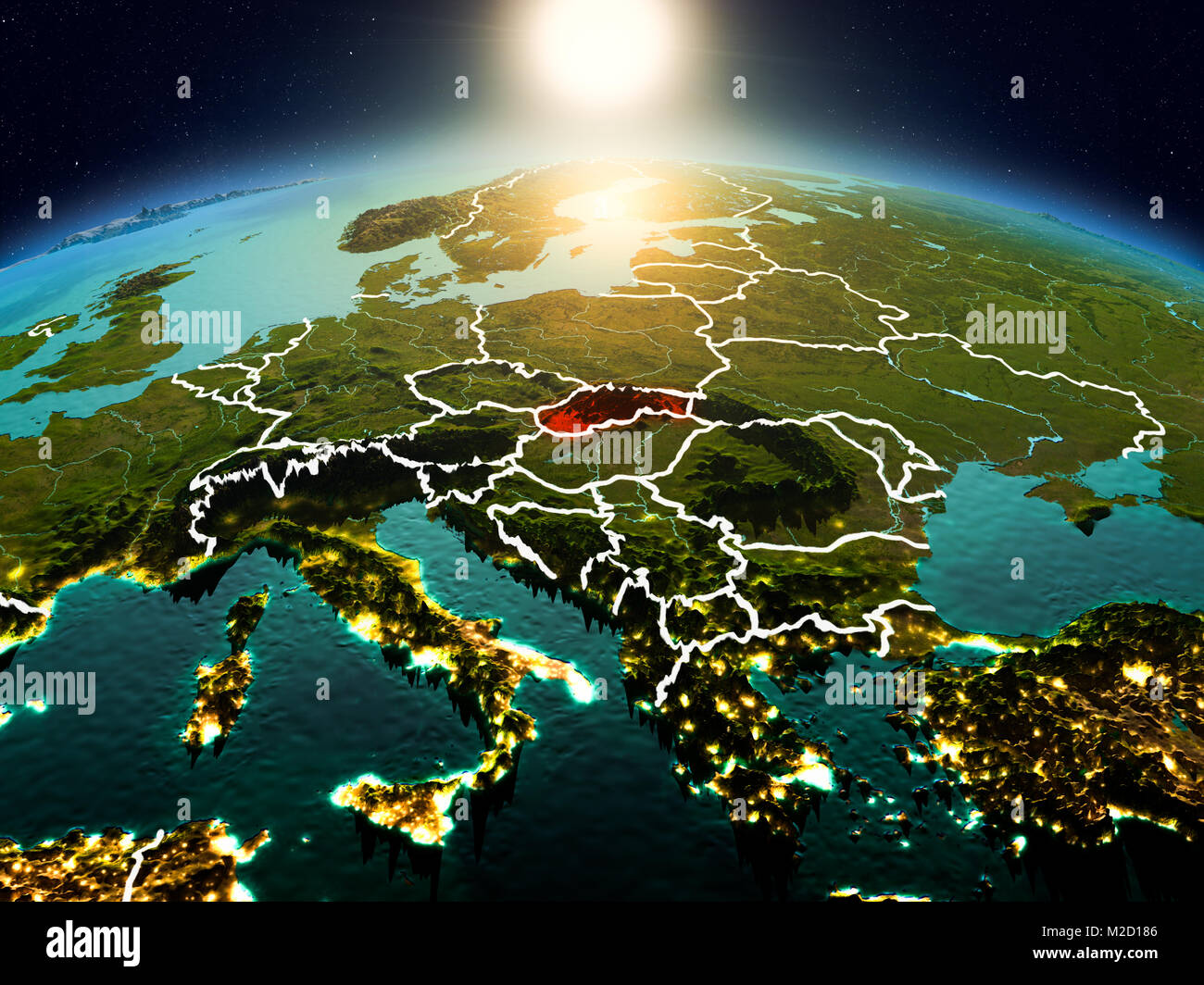 Sunrise above Slovakia highlighted in red on model of planet Earth in ...