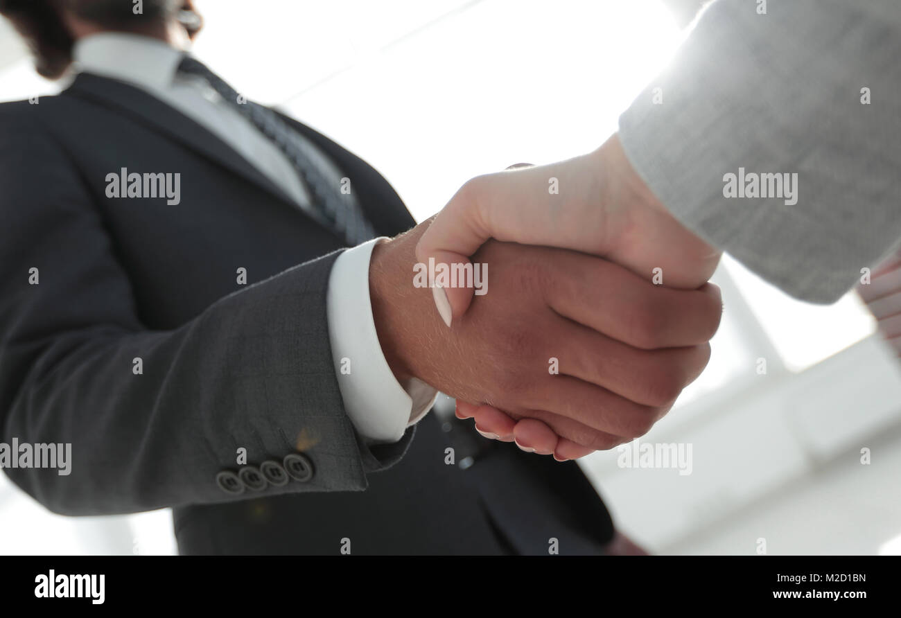 Excited smiling businessman handshaking partner at meeting Stock Photo ...
