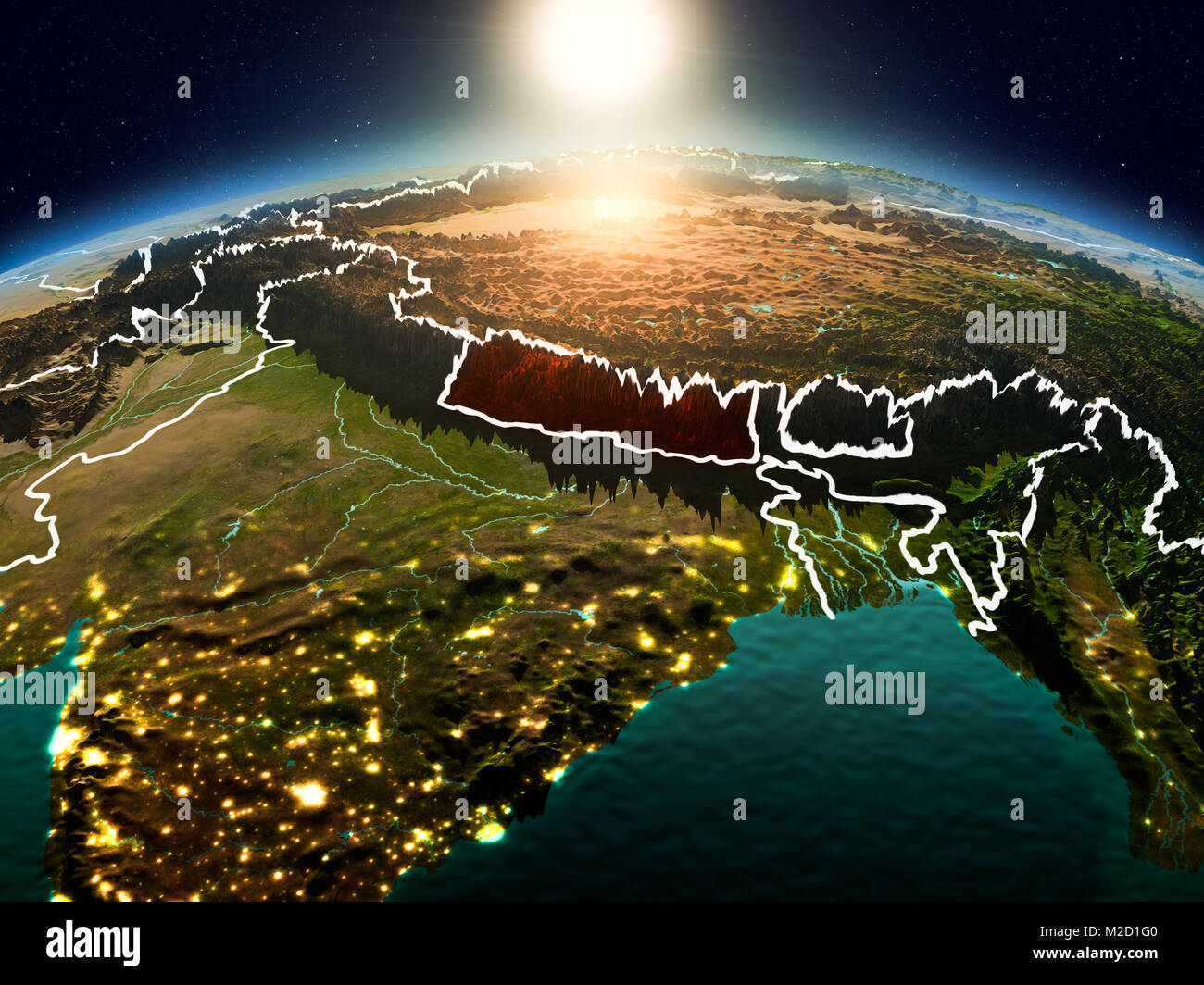 Sunrise above Nepal highlighted in red on model of planet Earth in ...