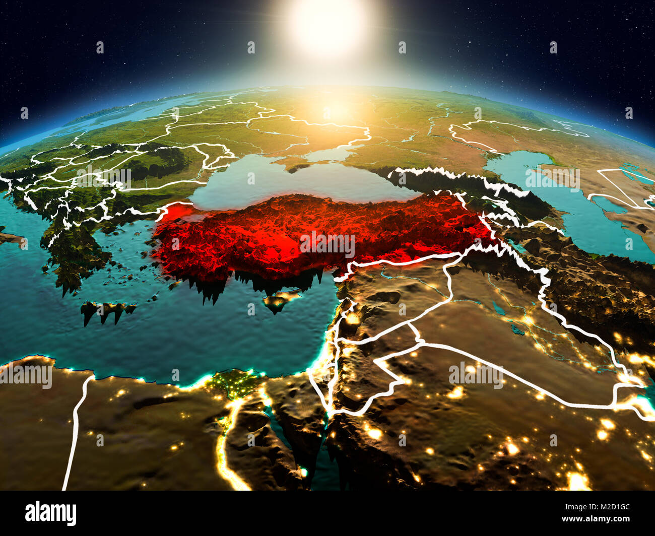Sunrise above Turkey highlighted in red on model of planet Earth in ...