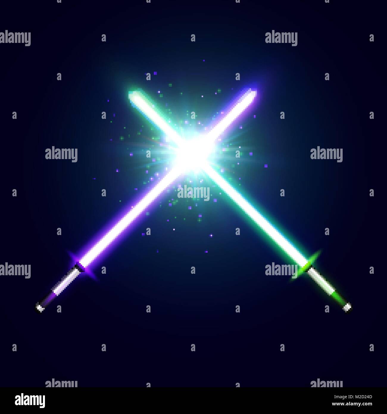 Purple and green crossed light neon swords with trembling blades fight ...