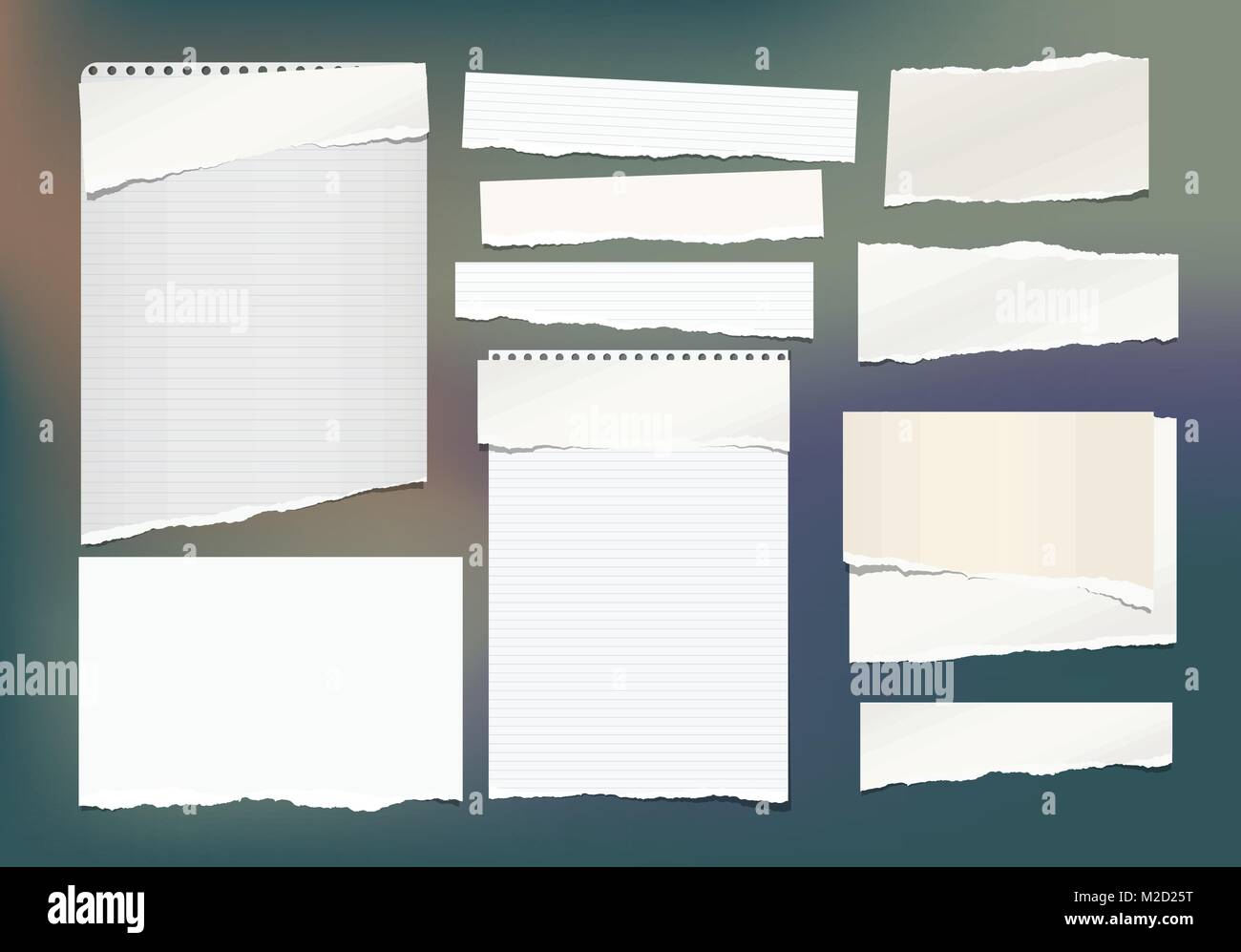 Torn white note, notebook paper strips stuck on dark colorful ...