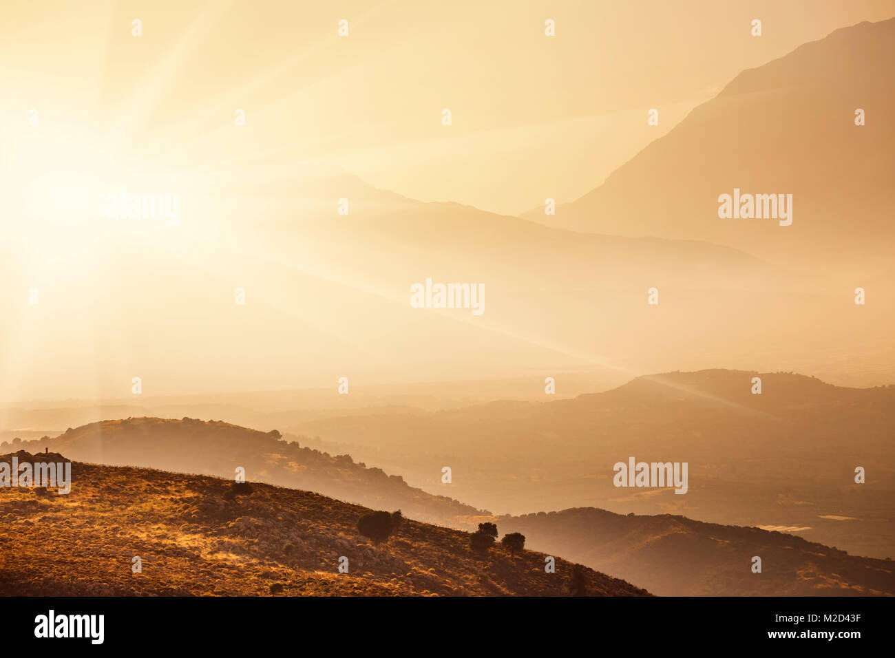 Beautiful sunset and silhouette of mountains at Crete island, Greece ...