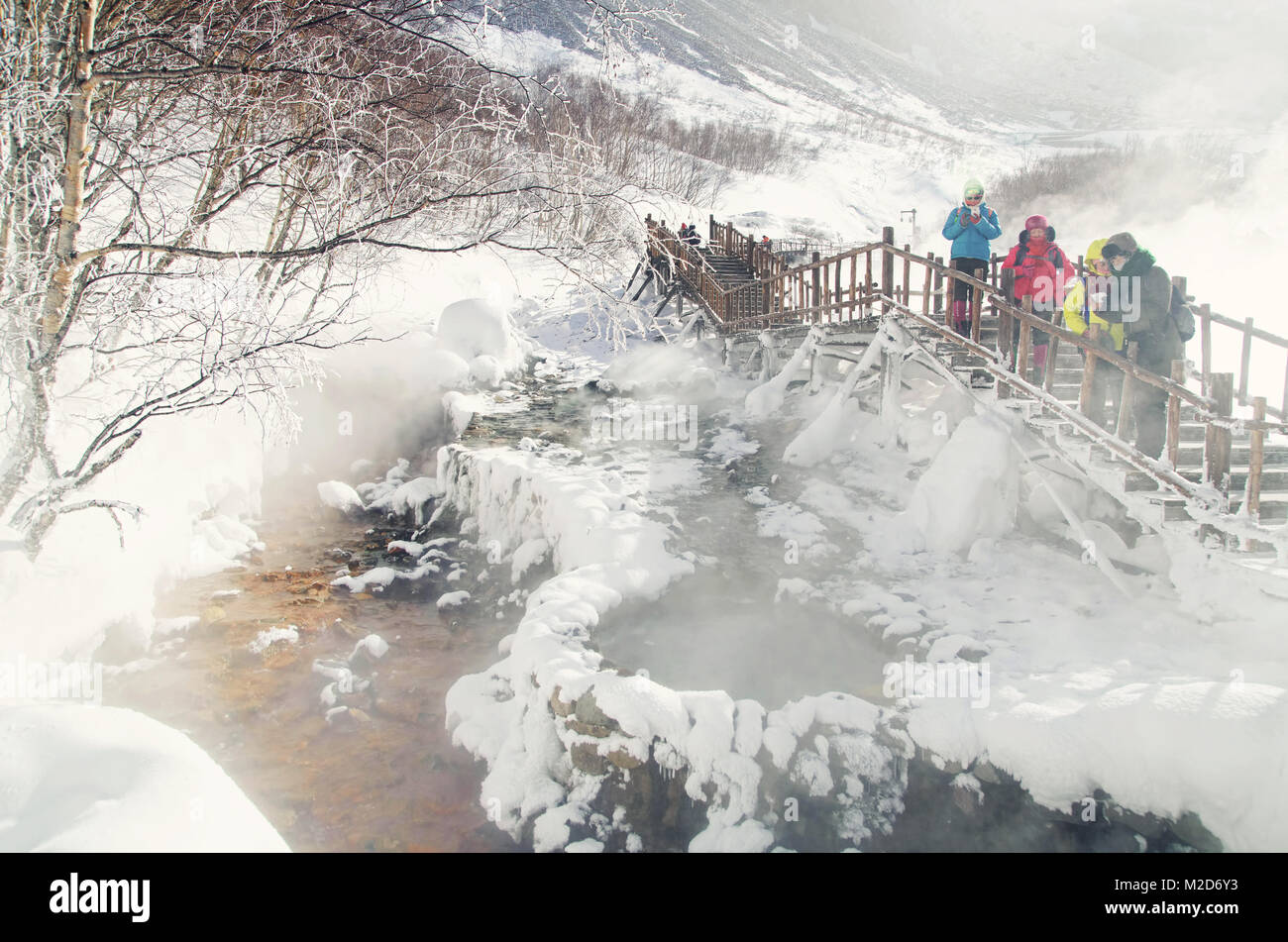 Tourists trekking along Julong hot spring in Changbai Mountain Scenic ...