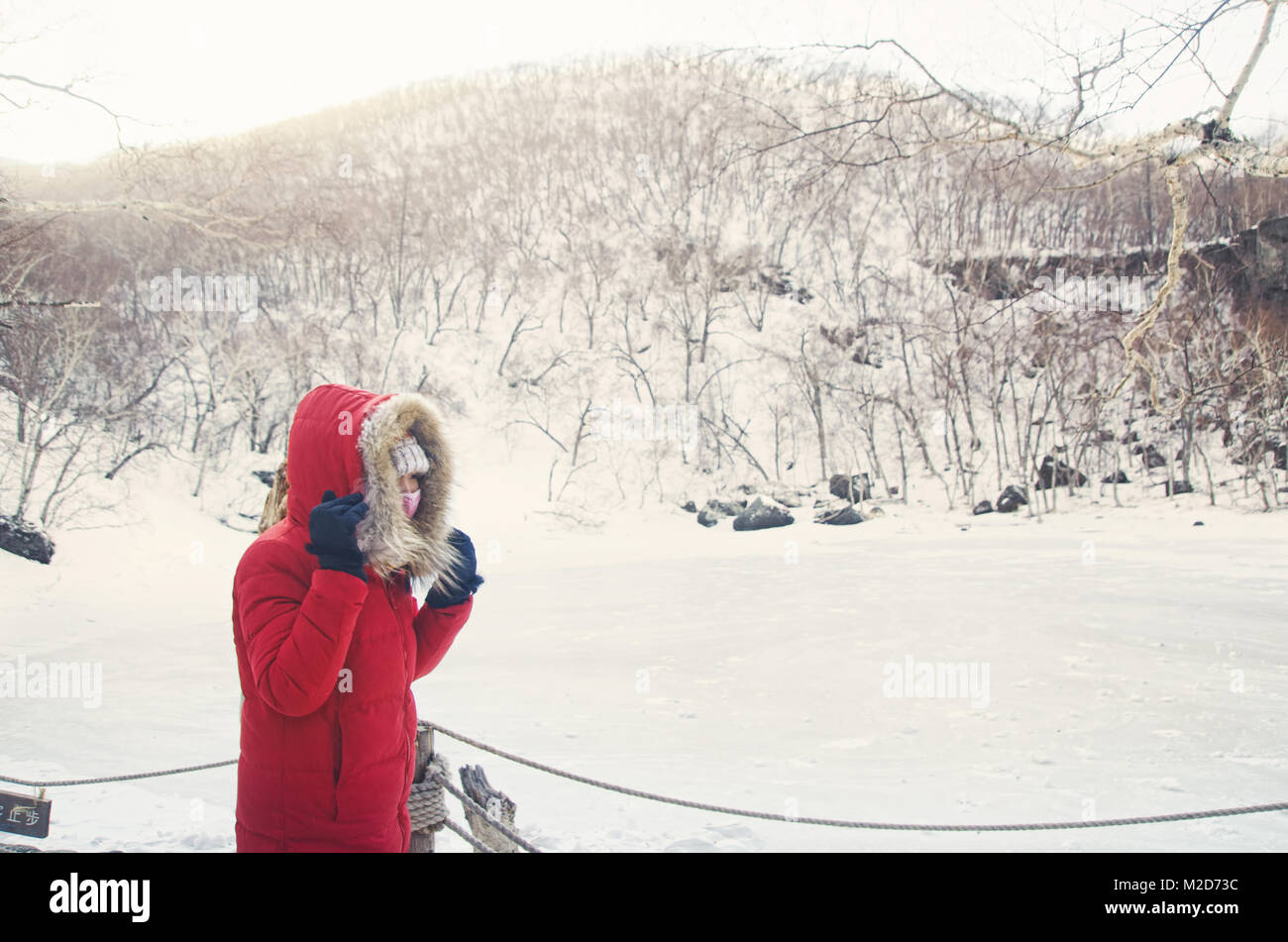 Tourist enjoy the view of Small Heaven Lake (Xiao Tian Chi) in Changbai ...