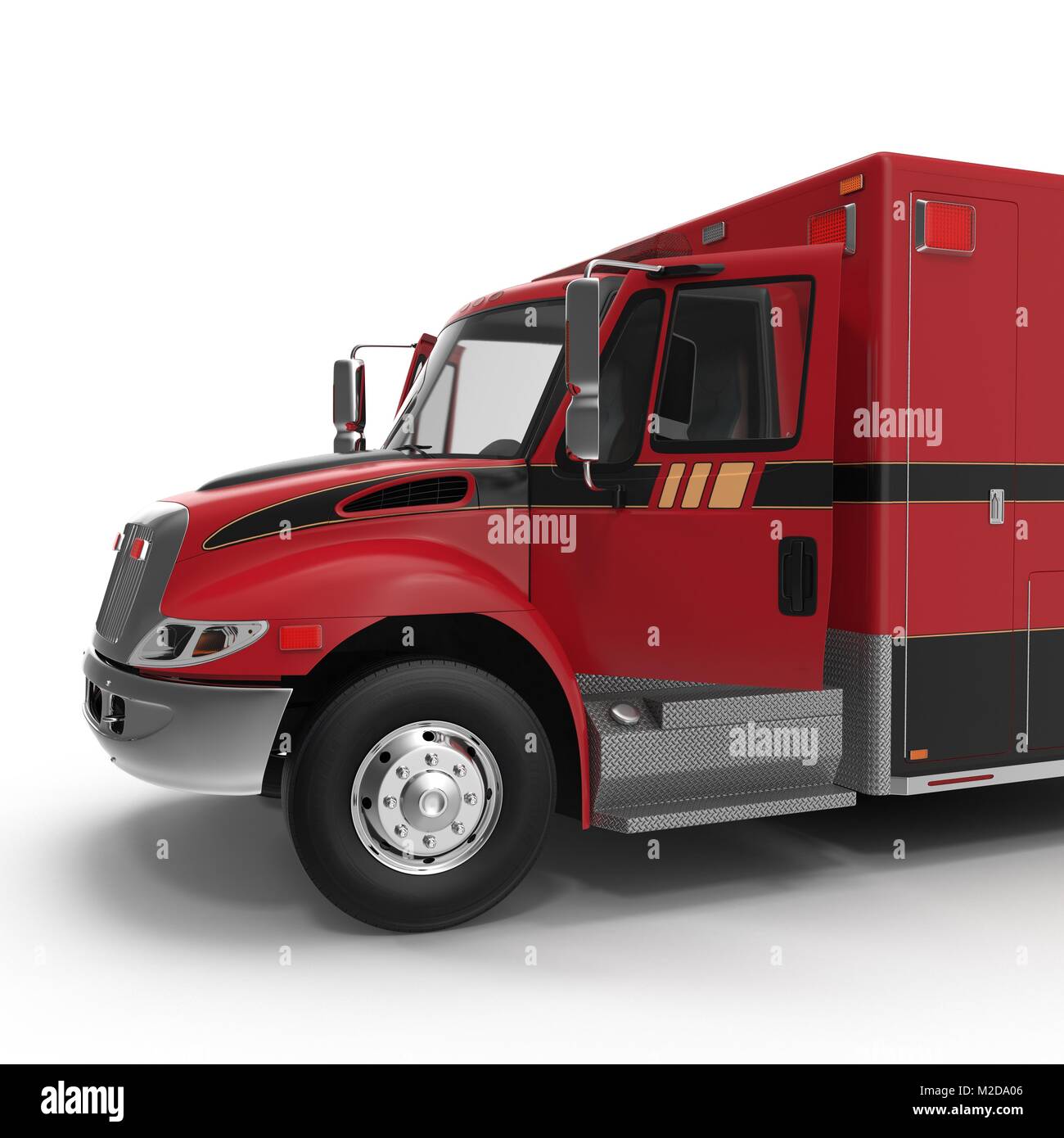 Emergency ambulance car with opened dors isolated on white. Rear view ...