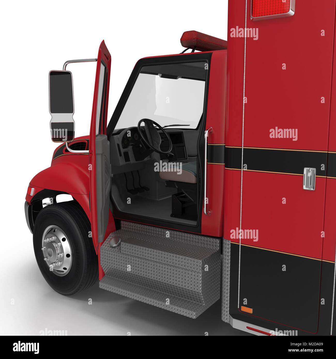 Emergency ambulance car with opened dors isolated on white. Rear view ...