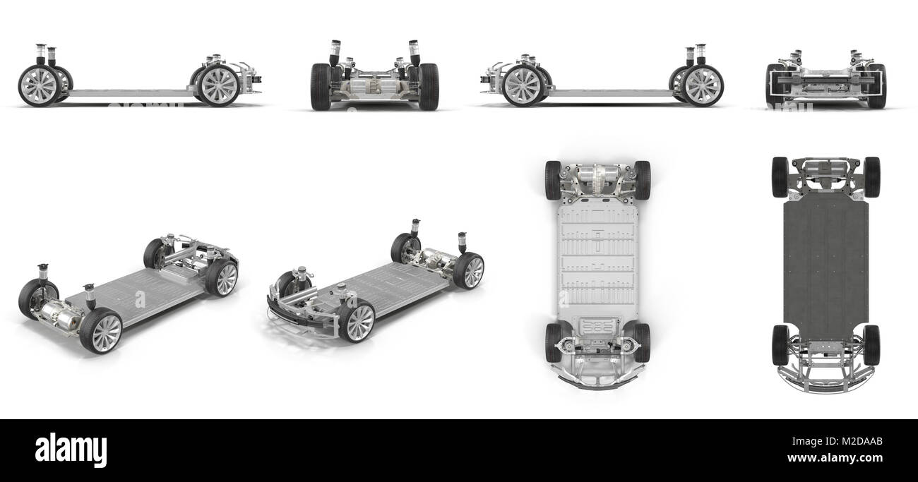 Electric car Chassis renders set from different angles on a white. 3D ...