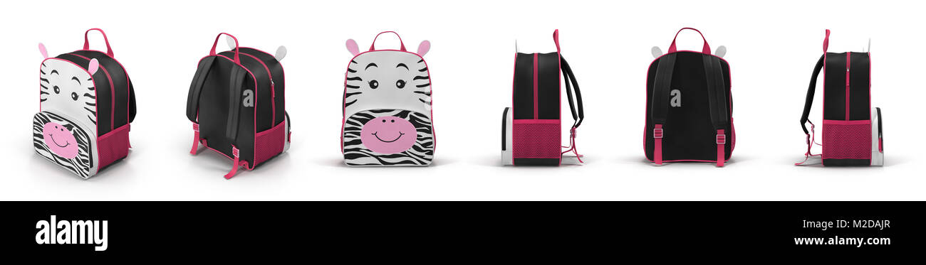 Girls Zebra School Backpack renders set from different angles on a ...