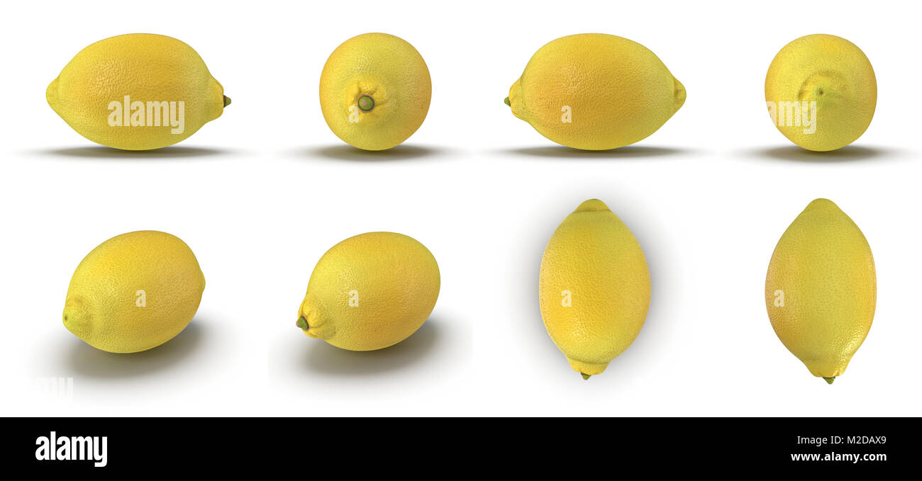 Yellow ripe lemon renders set from different angles on a white. 3D ...
