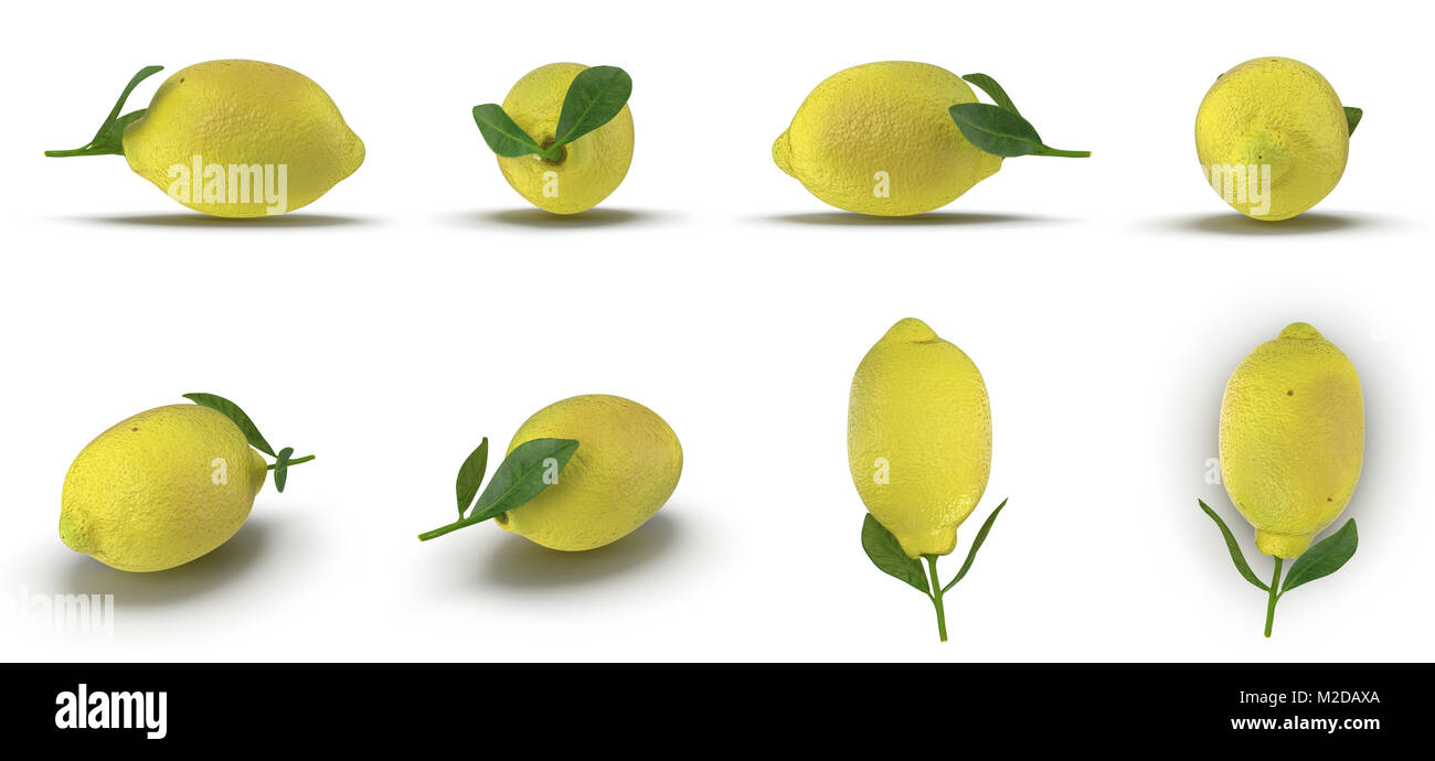 One ripe lemon with leaves renders set from different angles on a white ...