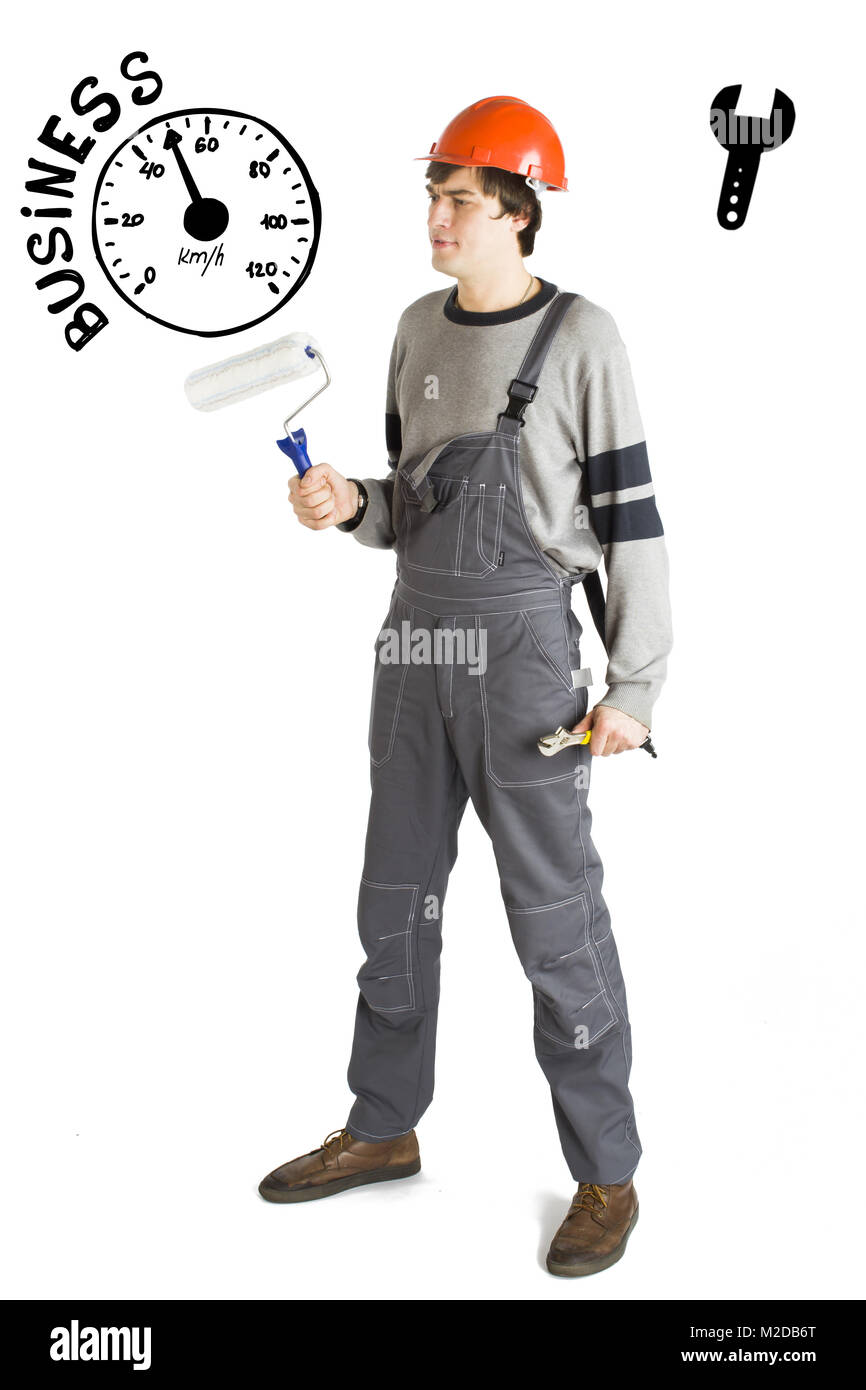 Business concept of self-made man. Young laborer man in orange helmet ...