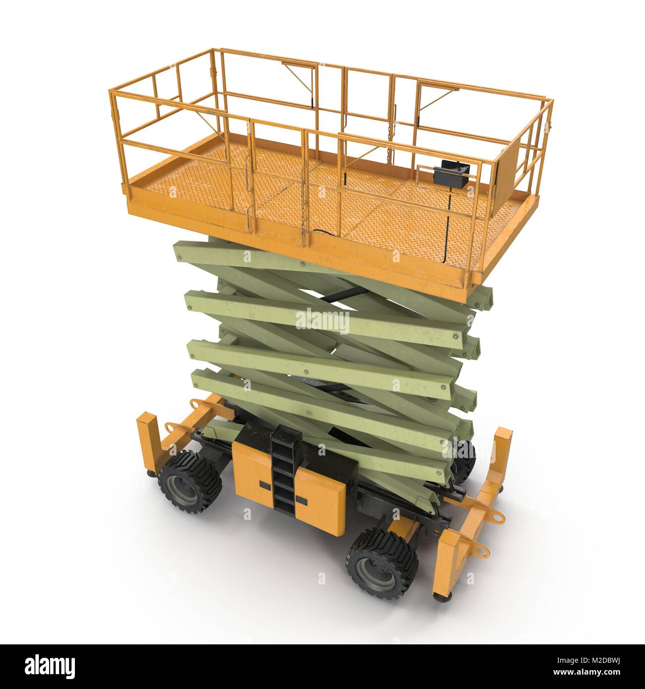Engine Powered Scissor Lift on white. Angle from up. 3D illustration ...