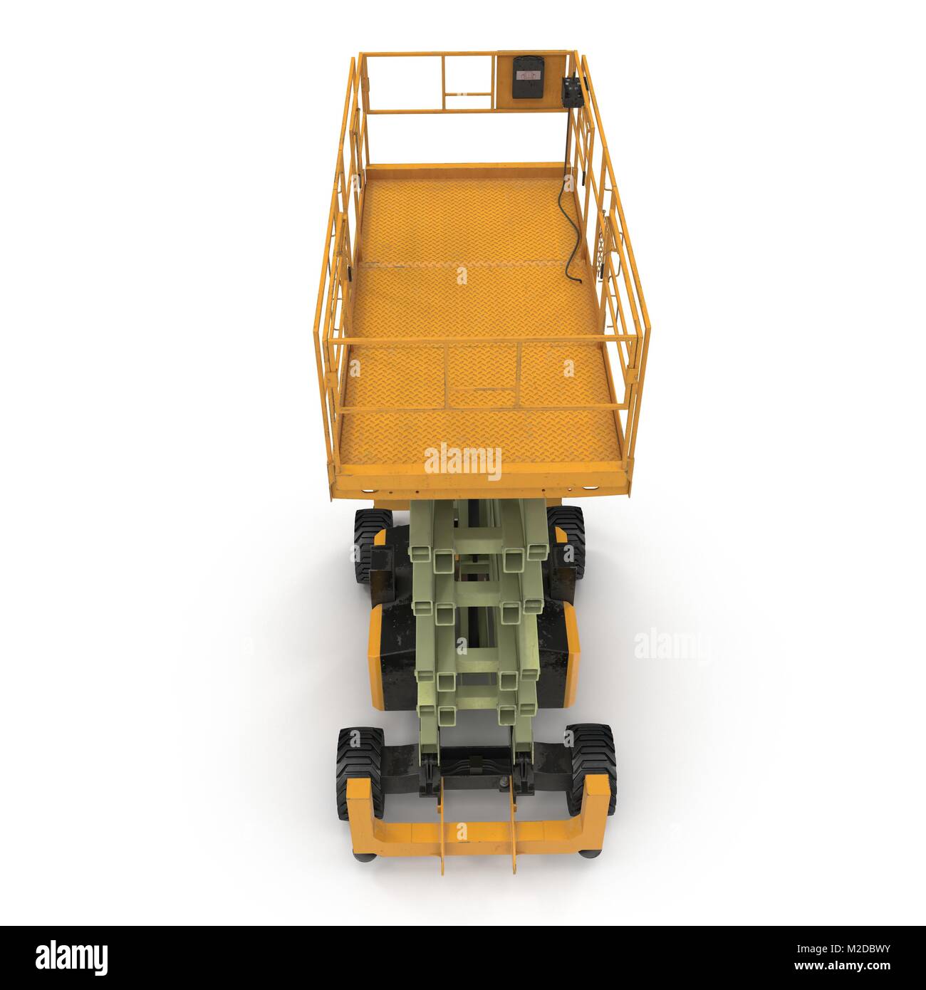 large yellow extended scissor lift platform on white. Front view. 3D ...