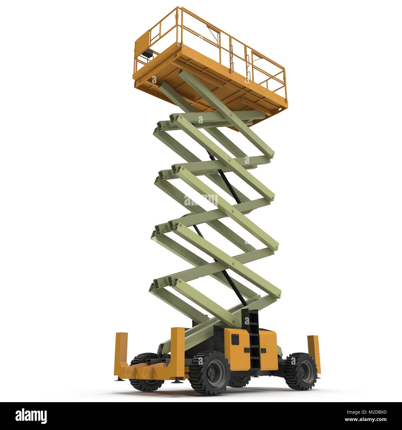 large yellow extended scissor lift platform on white. 3D illustration ...