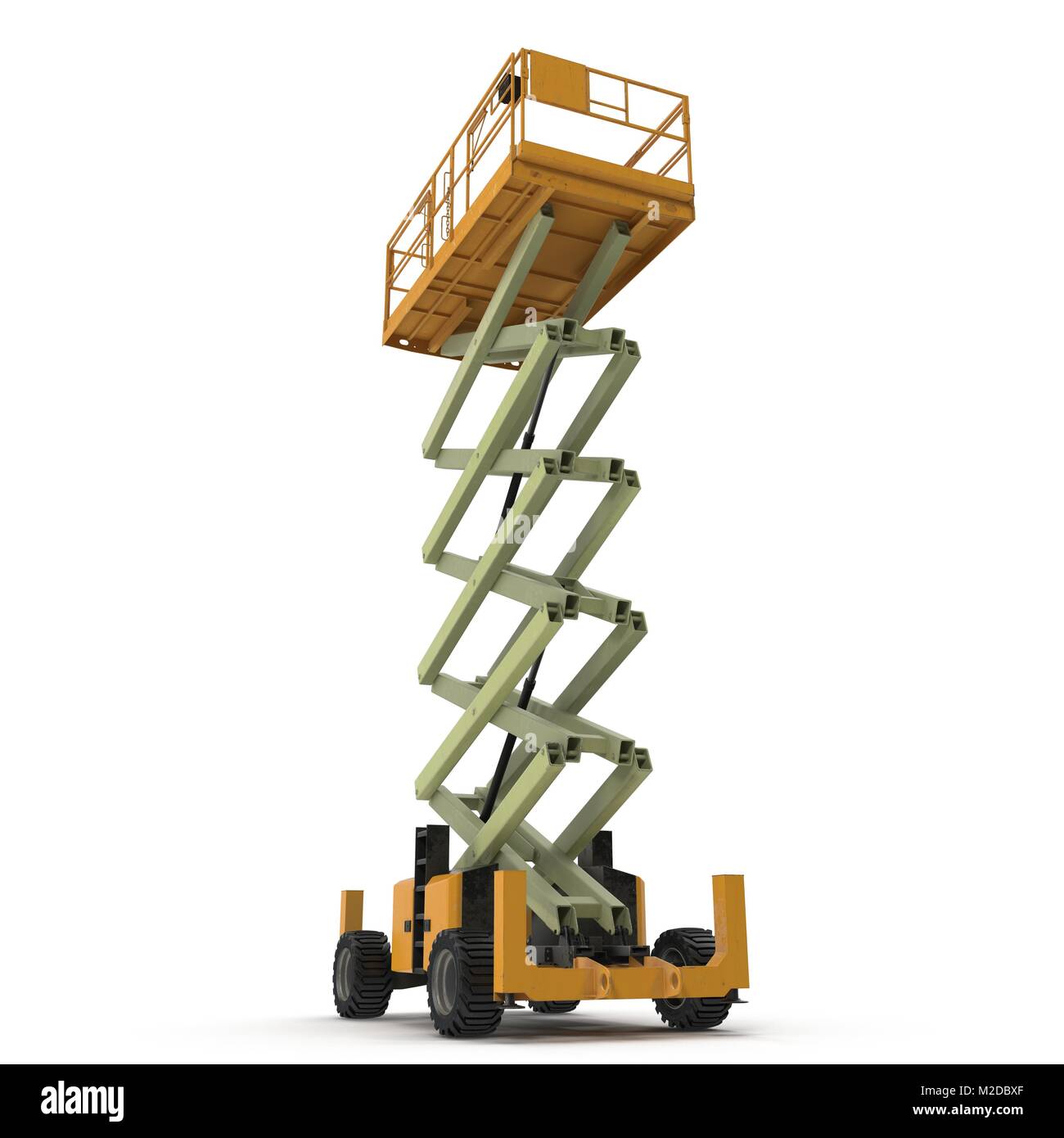 large yellow extended scissor lift platform on white. 3D illustration ...