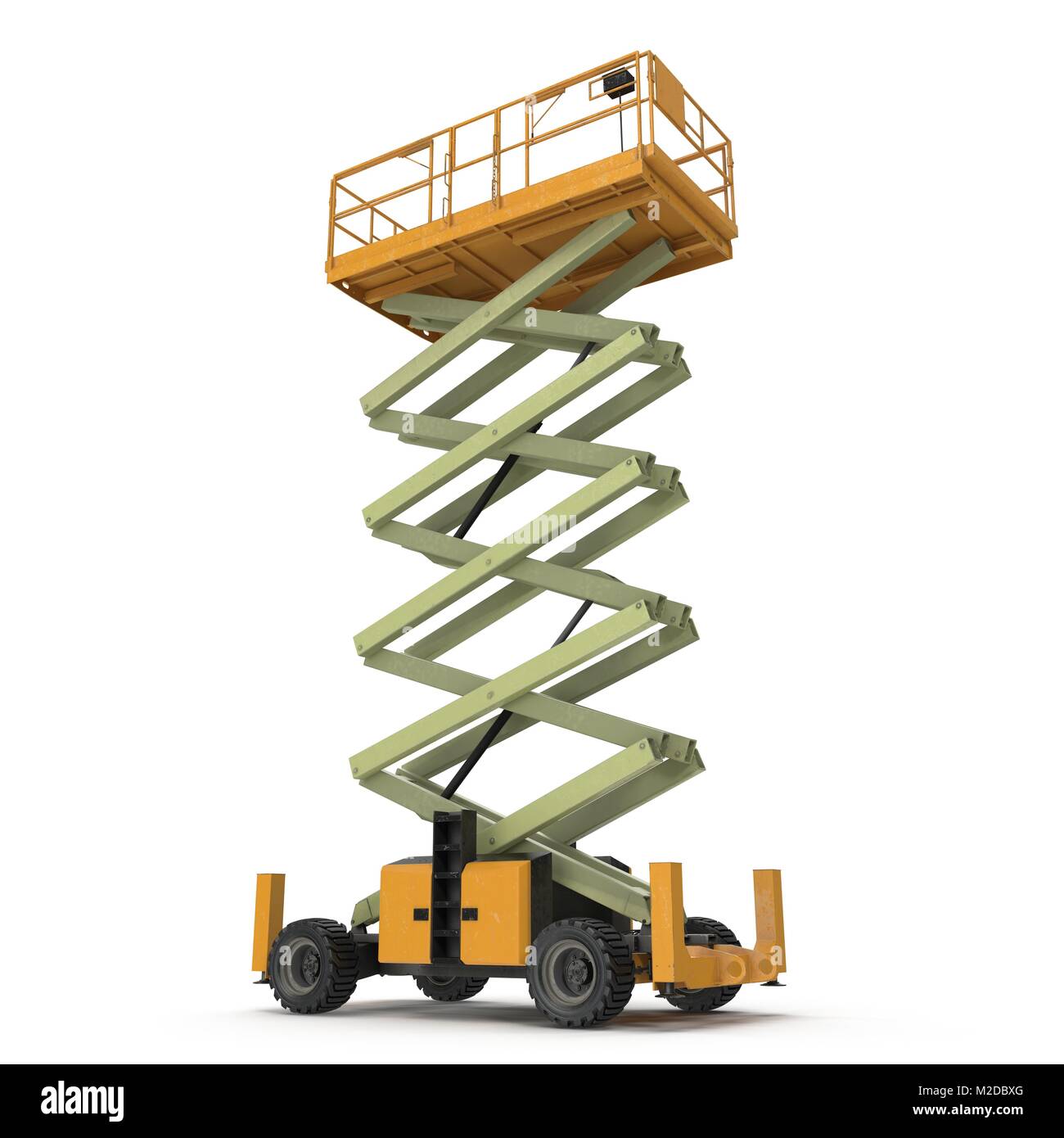 large yellow extended scissor lift platform on white. 3D illustration ...