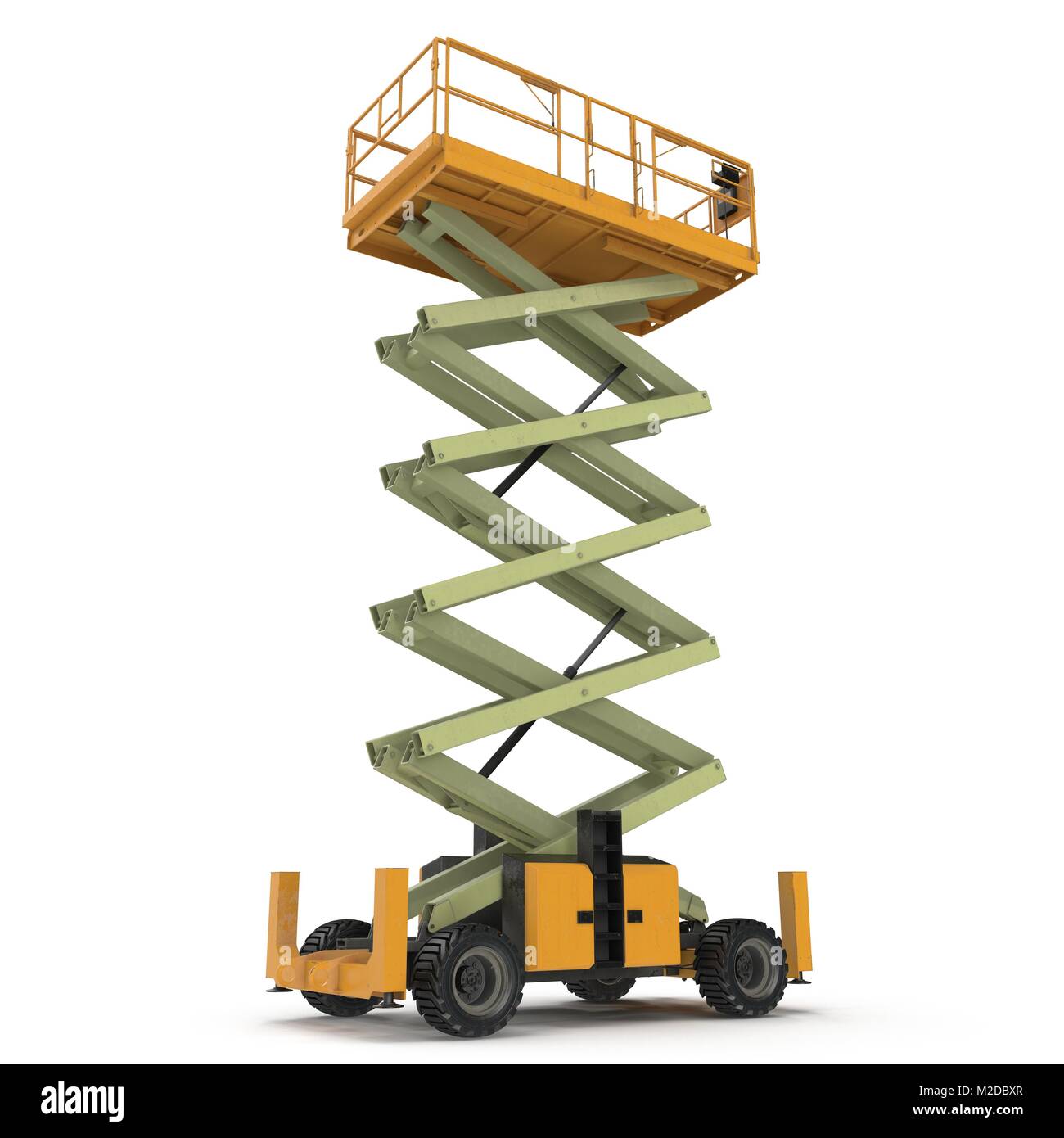 large yellow extended scissor lift platform on white. 3D illustration ...