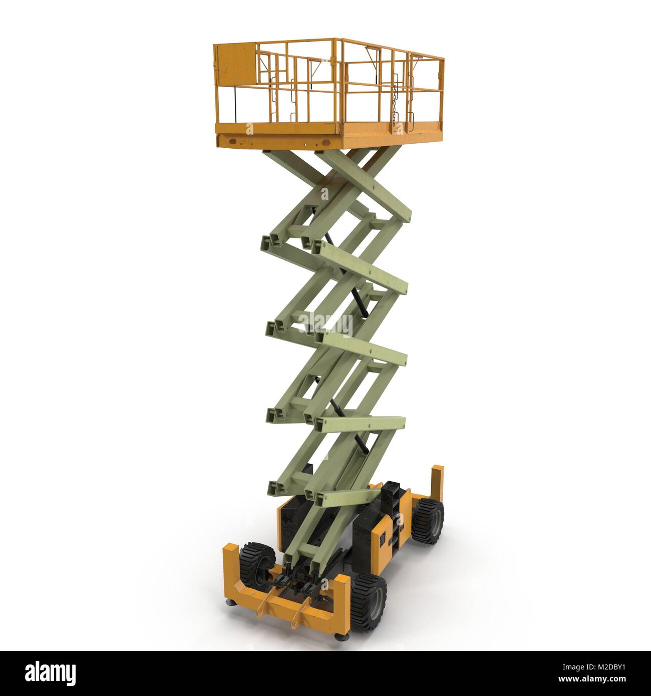 large yellow extended scissor lift platform on white. 3D illustration ...