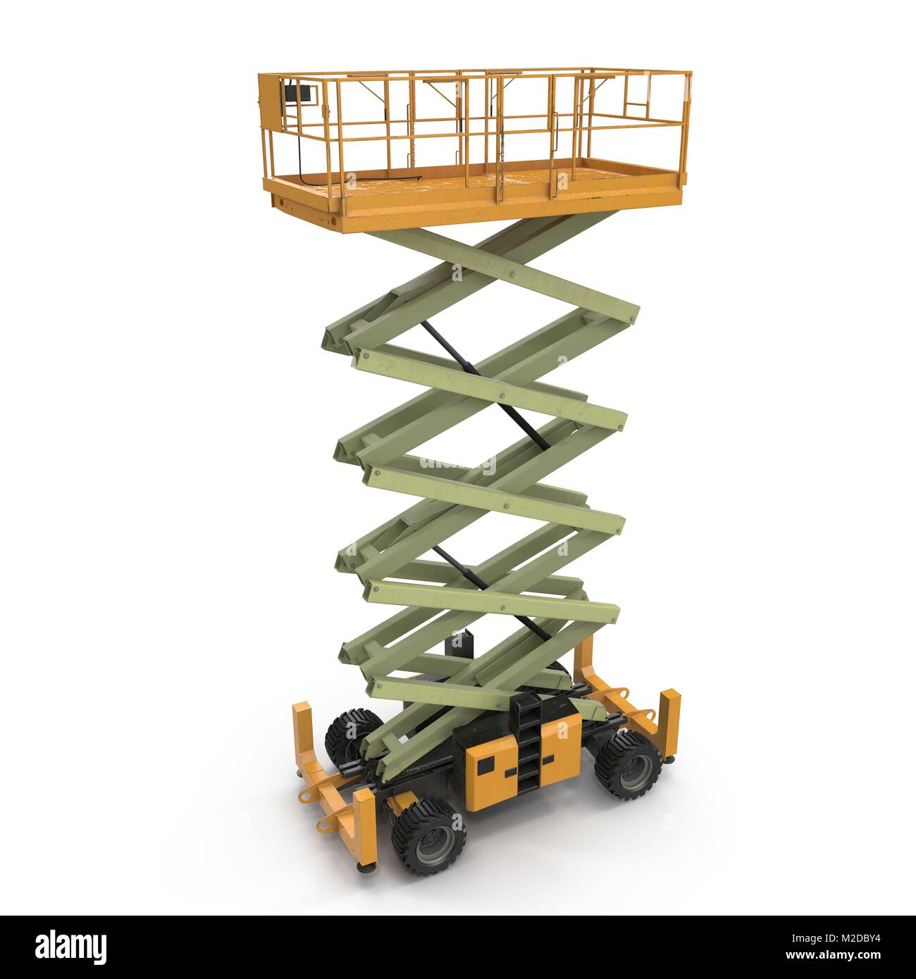 large yellow extended scissor lift platform on white. 3D illustration ...