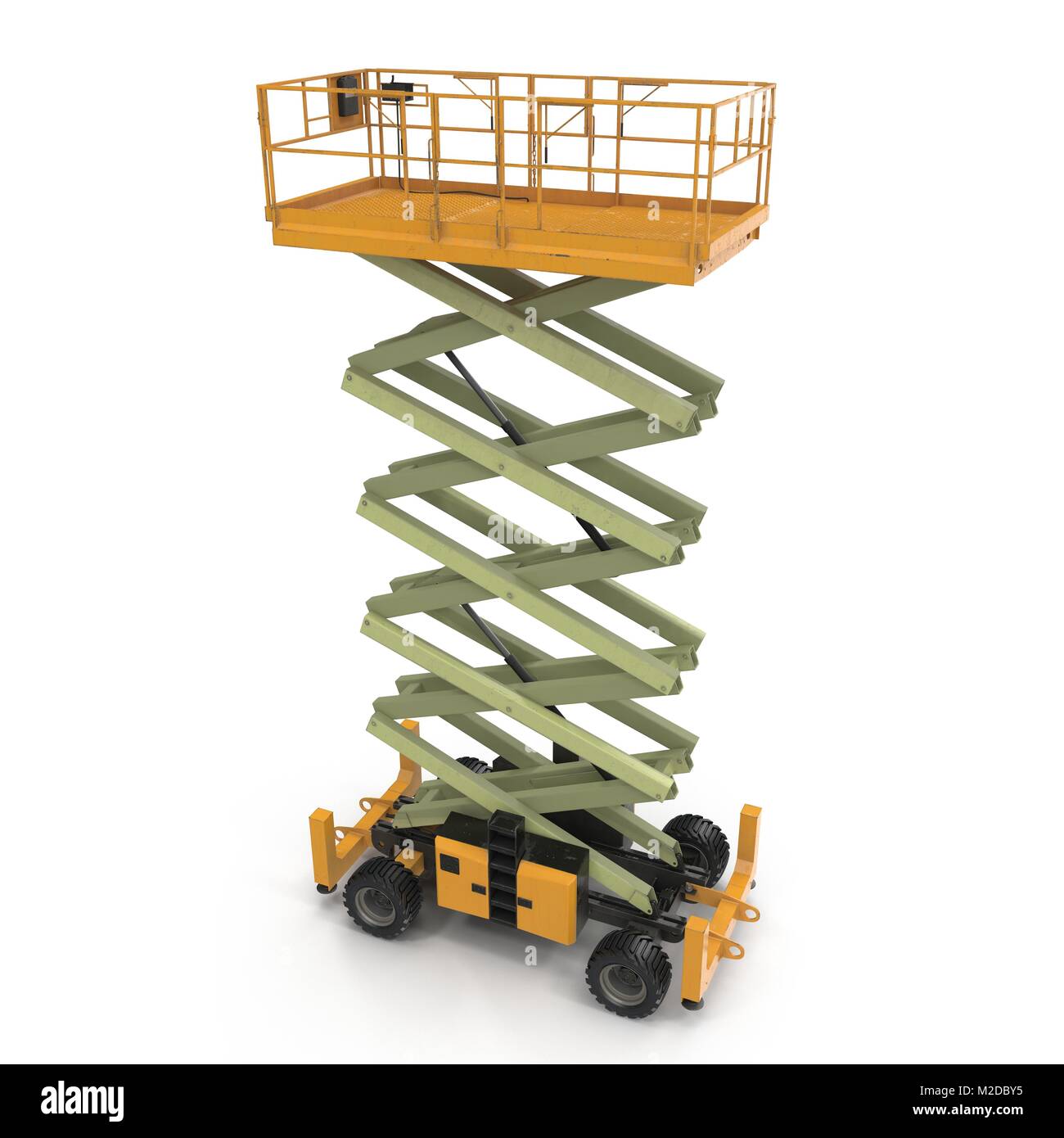 large yellow extended scissor lift platform on white. 3D illustration ...