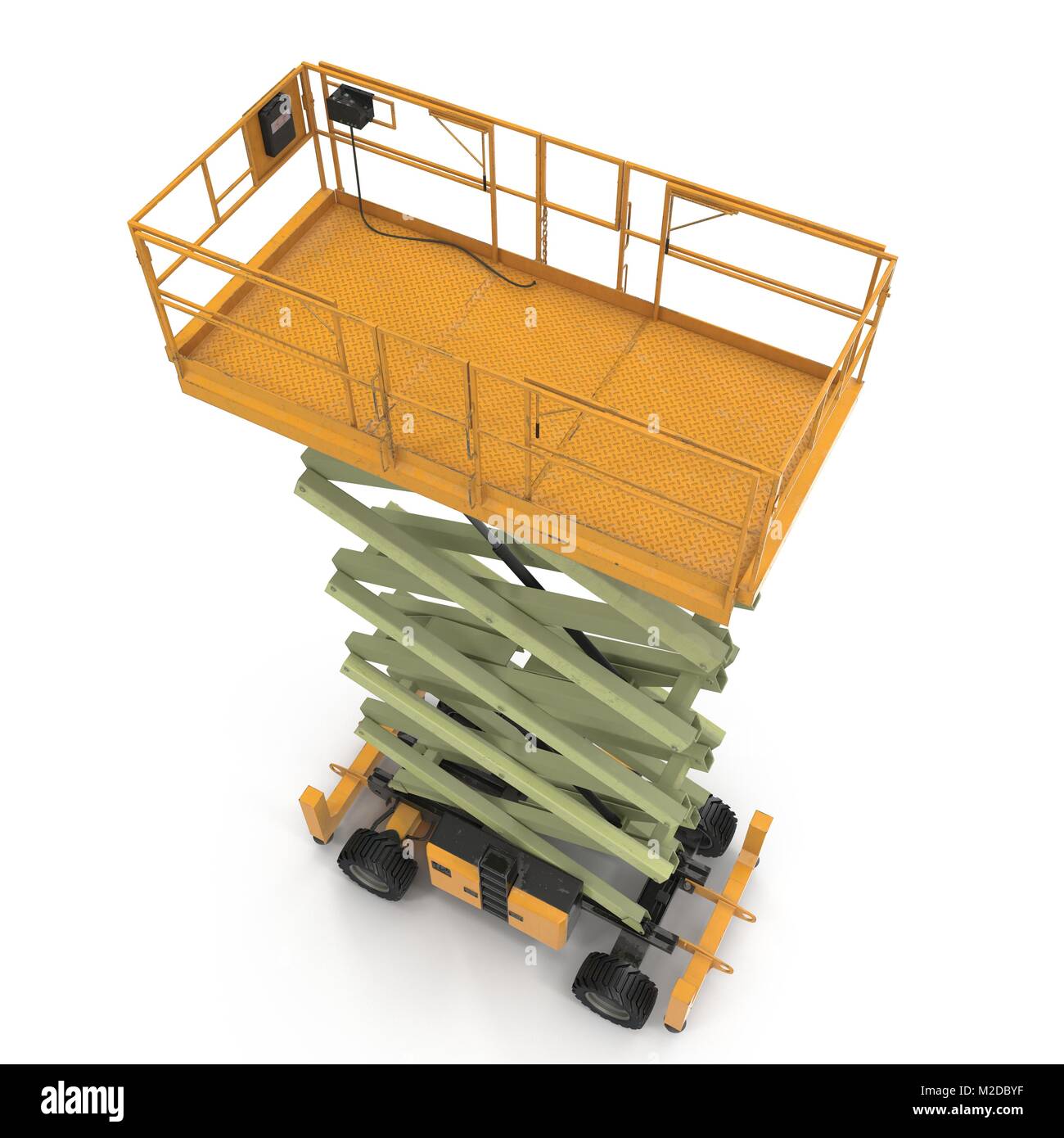 Engine Powered Scissor Lift on white. Angle from up. 3D illustration ...