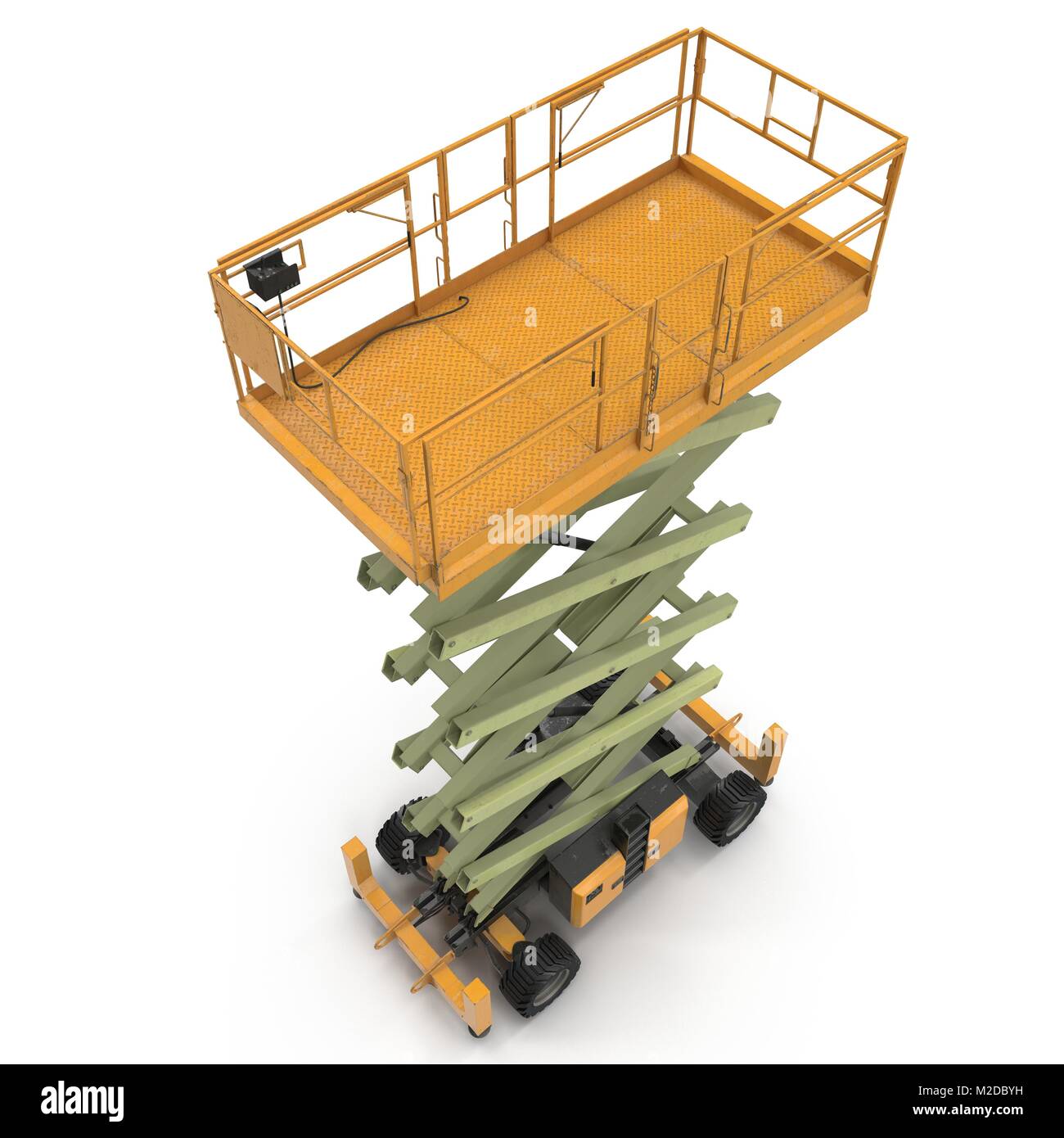 Engine Powered Scissor Lift on white. Angle from up. 3D illustration ...