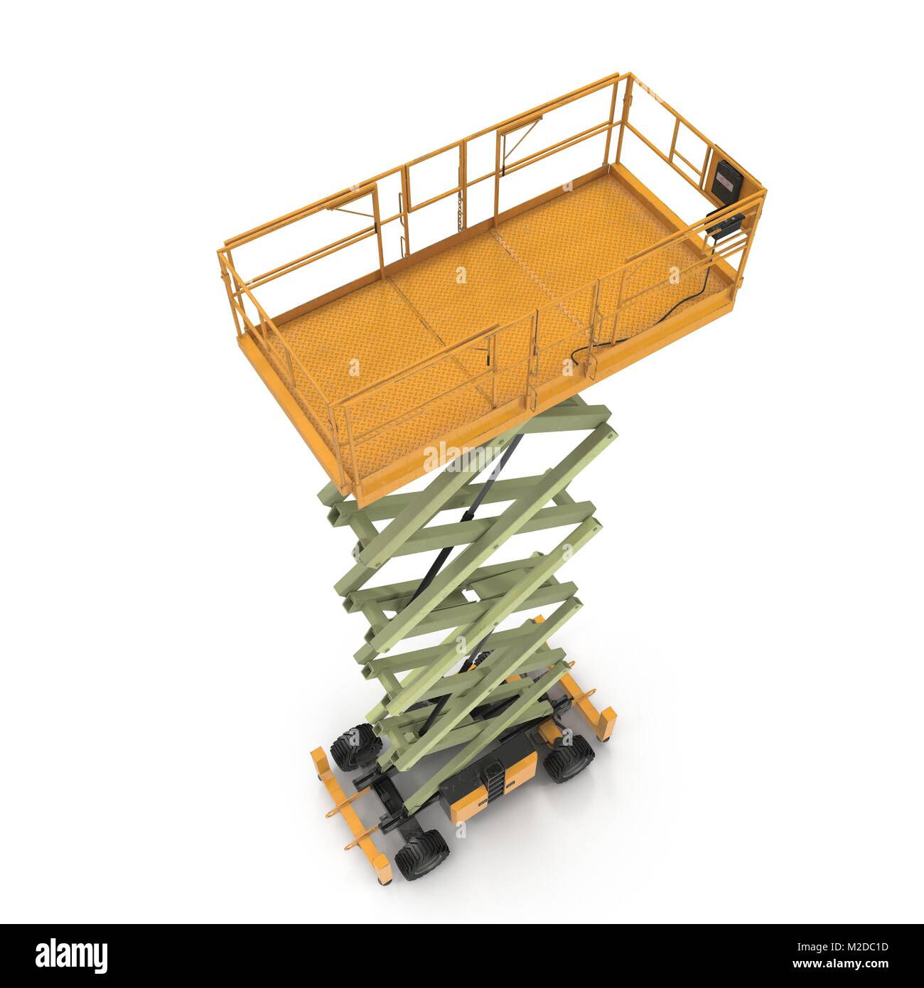 Engine Powered Scissor Lift on white. Angle from up. 3D illustration ...
