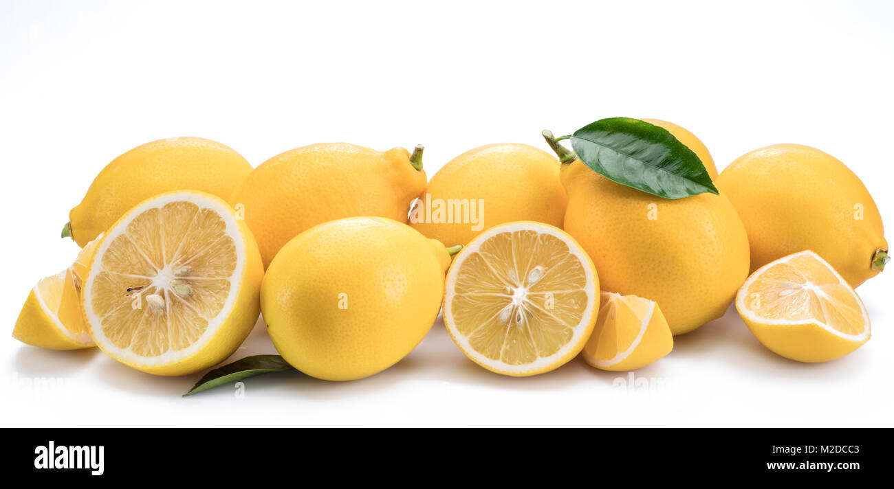 Lot of lemon fruits with lemon leaf isolated. Horizontal photo Stock ...