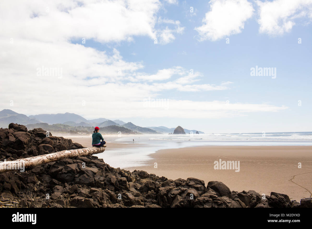 Caucasian woman sitting on log on rocks at beach Stock Photo - Alamy