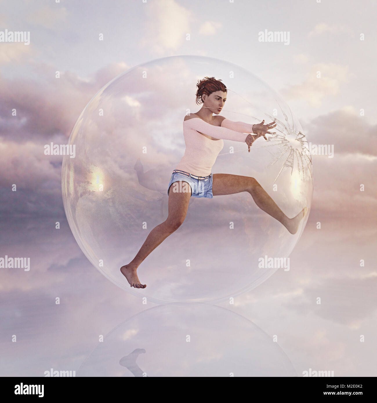 Woman escaping from cracking glass sphere Stock Photo - Alamy