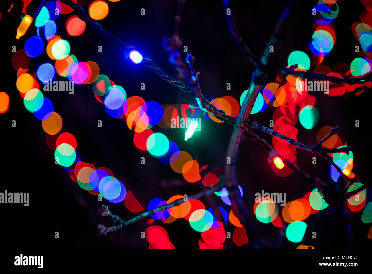 Defocused lights behind tree branch Stock Photo - Alamy