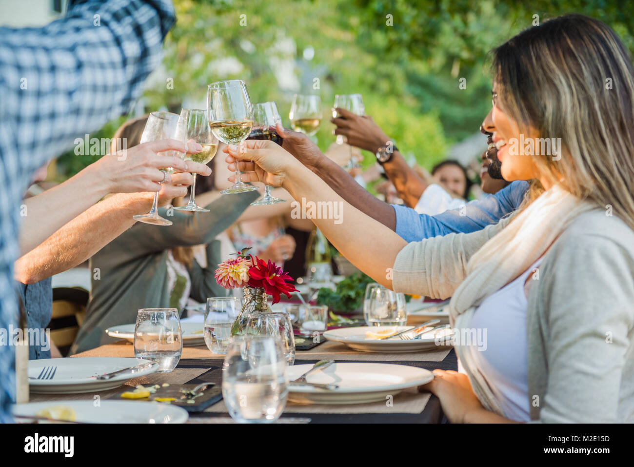 Friends toasting with wine at party outdoors Stock Photo - Alamy