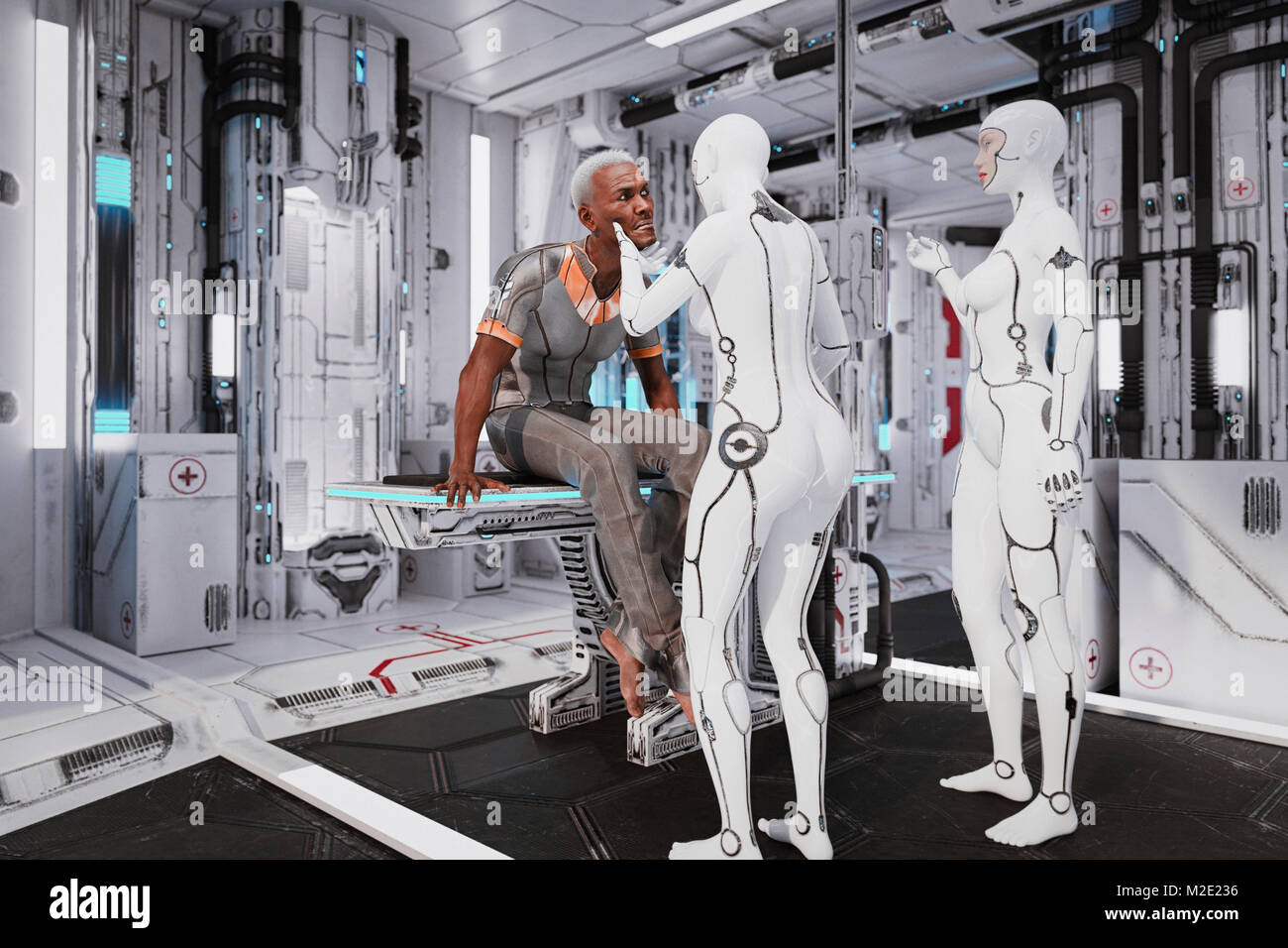 Android women examining man Stock Photo - Alamy