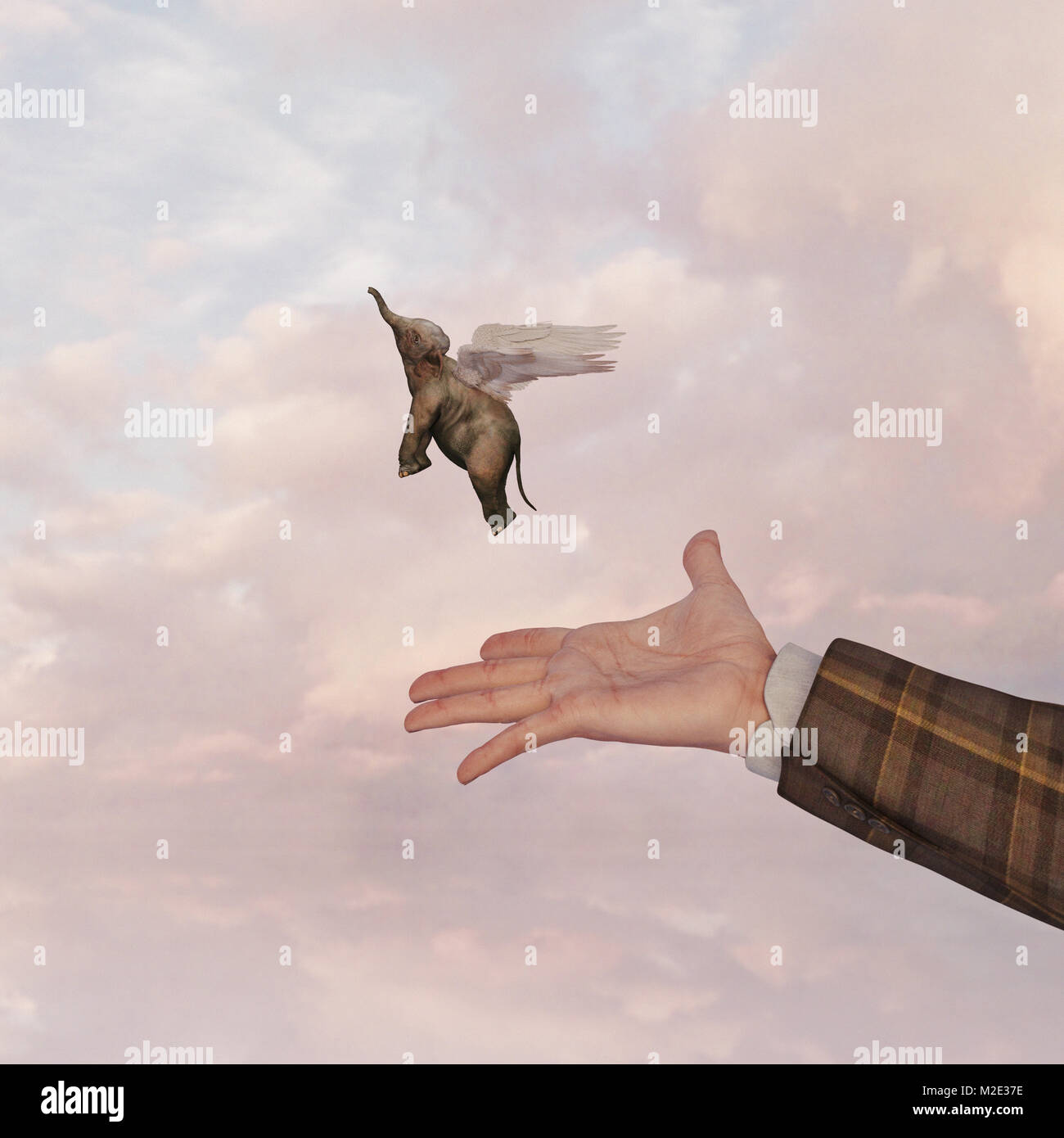 Hand of man releasing flying baby elephant Stock Photo - Alamy