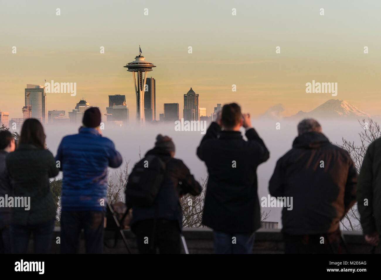 United States, Washington, Seattle, Space Needle and downtown in fog ...