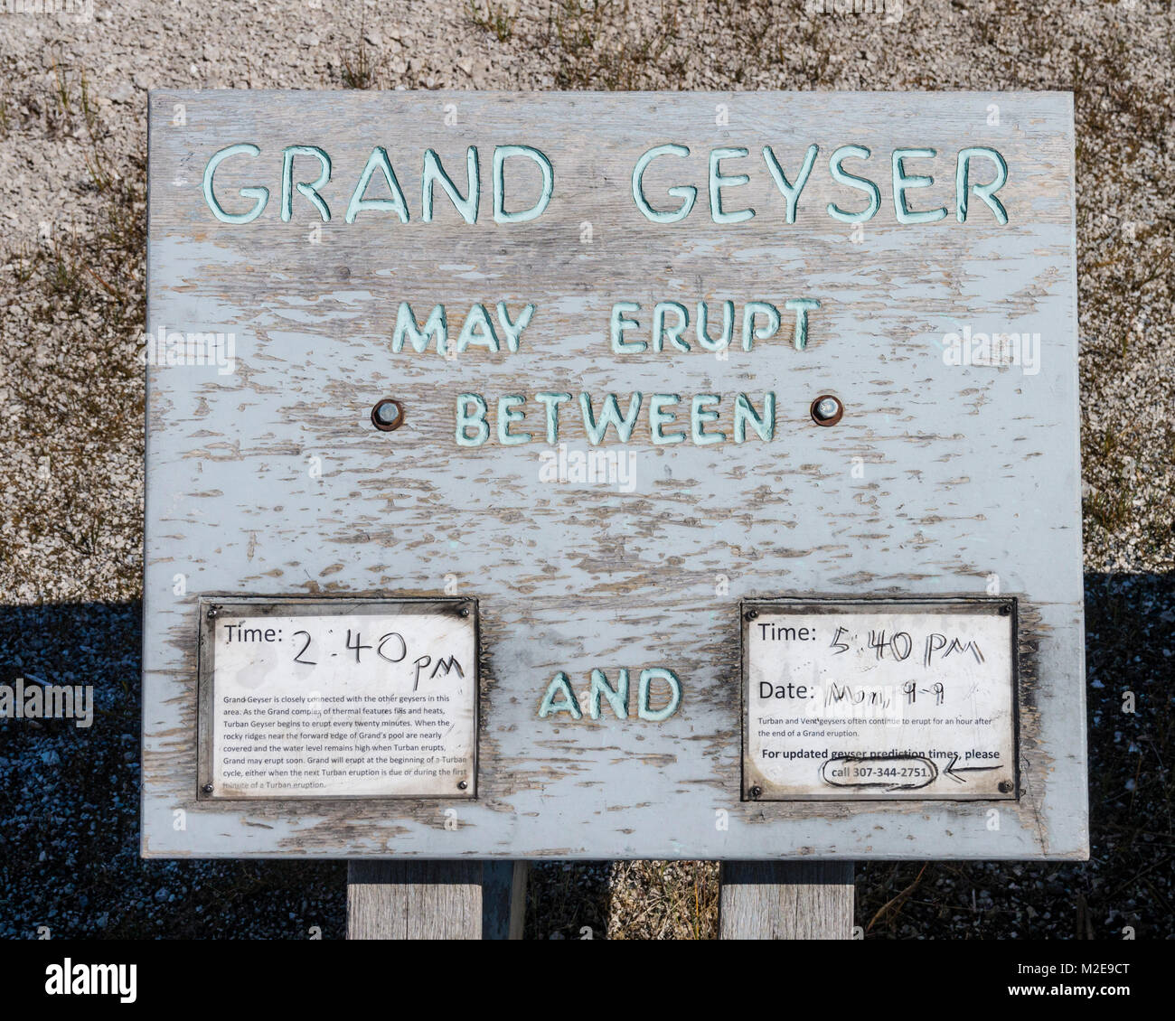 Information sign for Grand Geyser in the Upper Geyser Basin ...