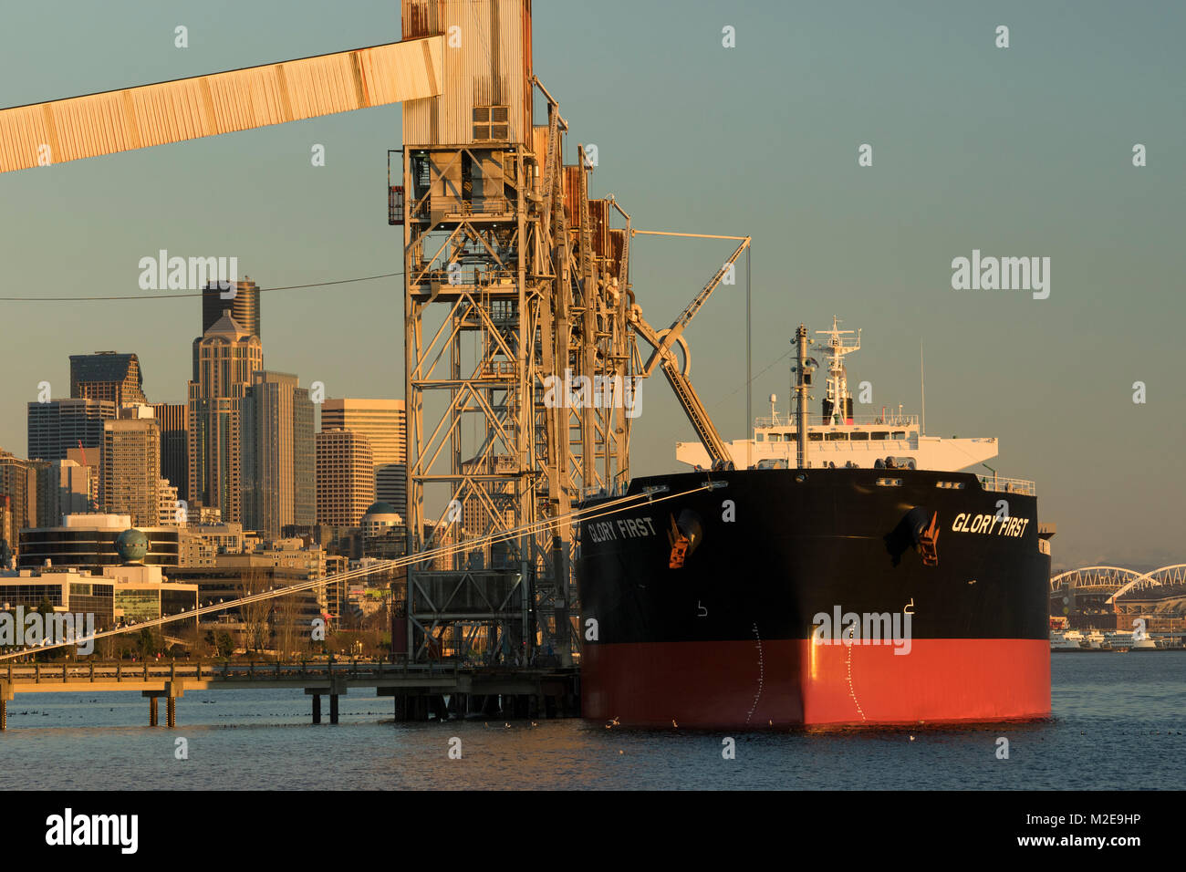 United States, Washington, Seattle, Ship docked at the grain terminal ...