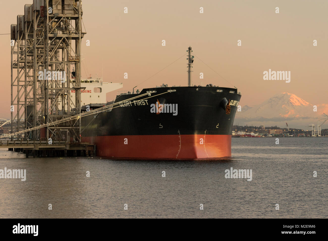 United States, Washington, Seattle, Ship docked at the grain terminal ...
