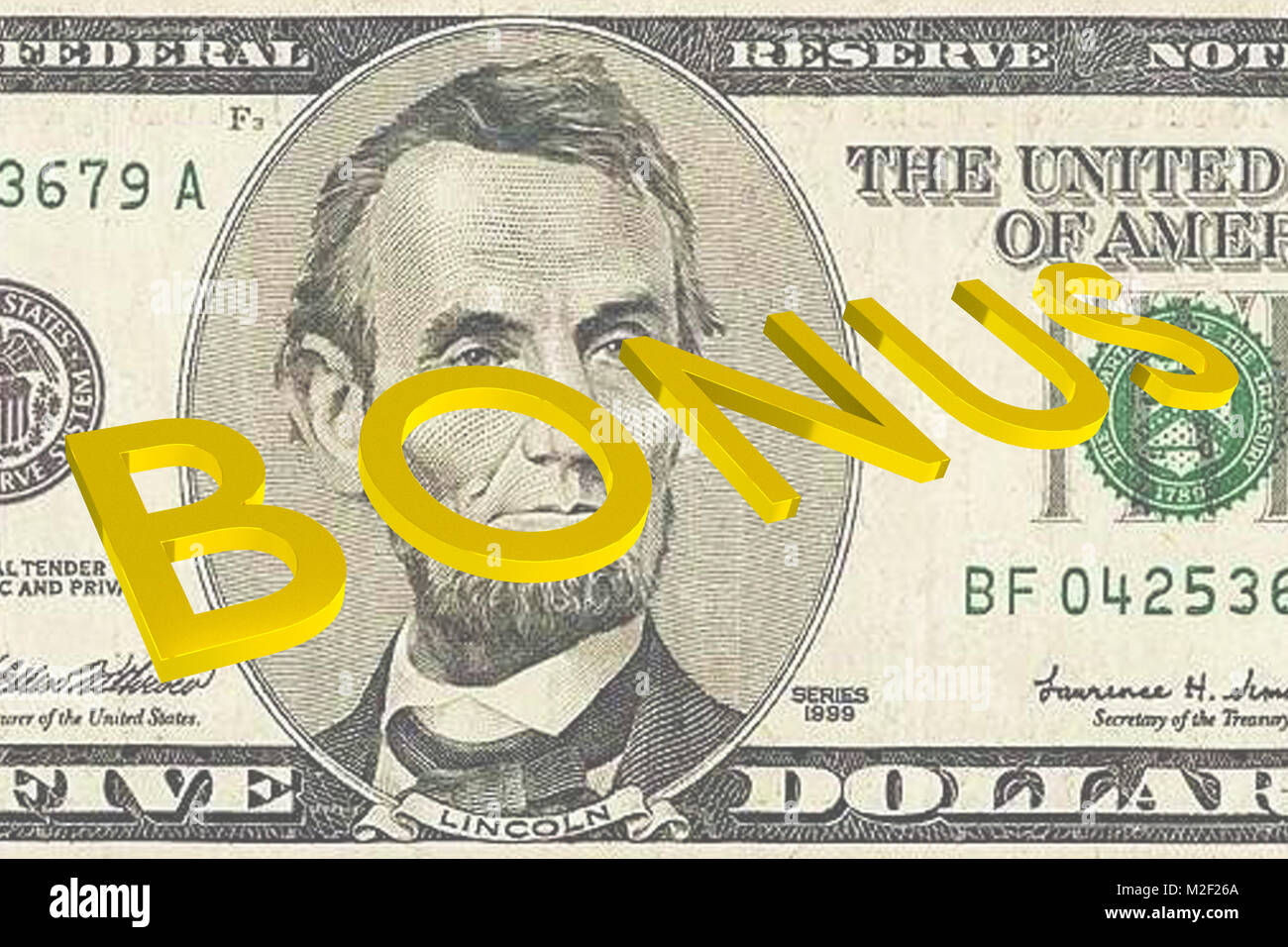 3D illustration of BONUS title on Five Dollars bill as a background ...