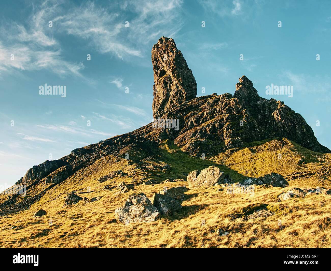 Scottish rocky landscape in Skye isle. Old man of Storr. Mystery around ...